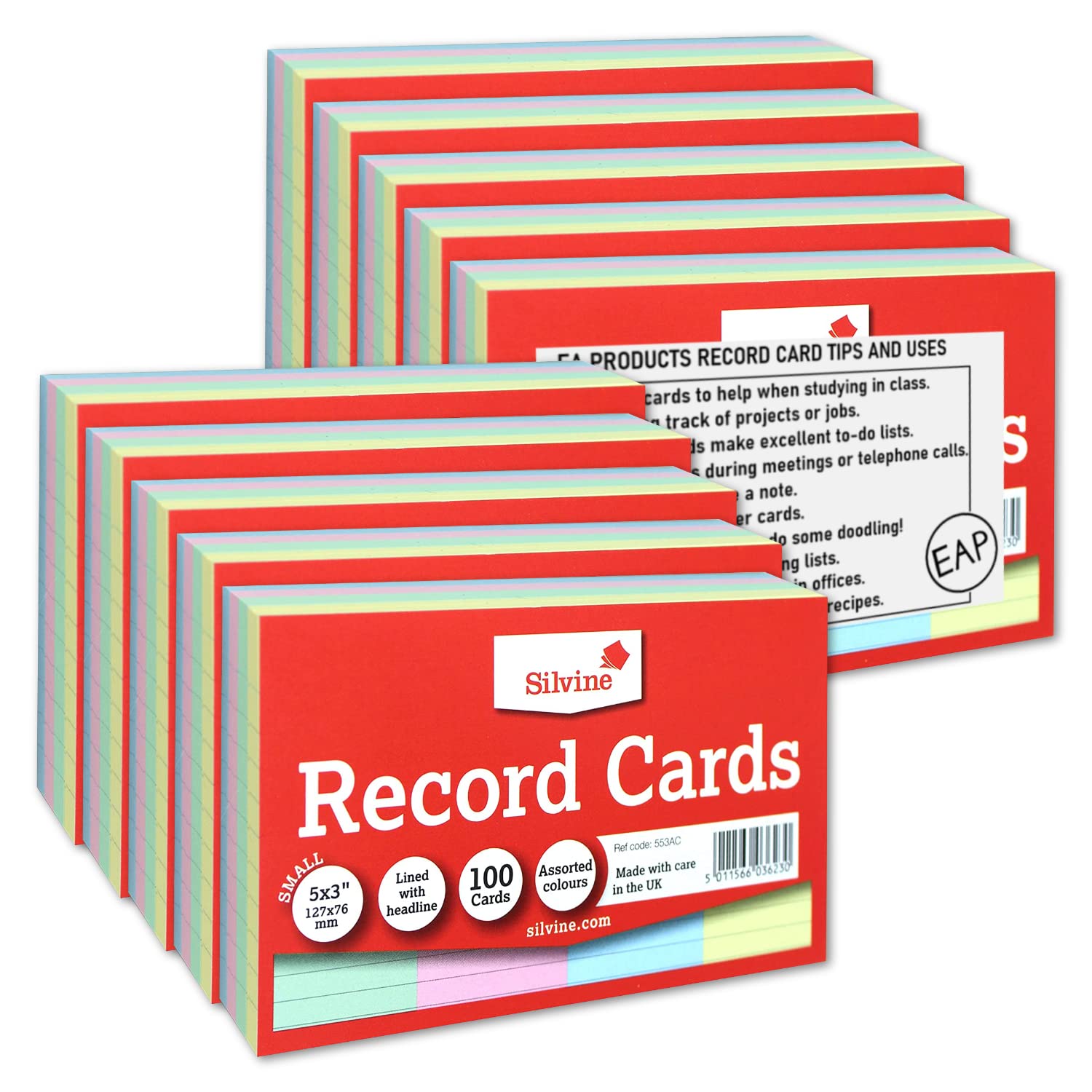 Silvine Record Card Bulk Pack of 1000 | 10 x 100 5x3” Coloured Lined ...