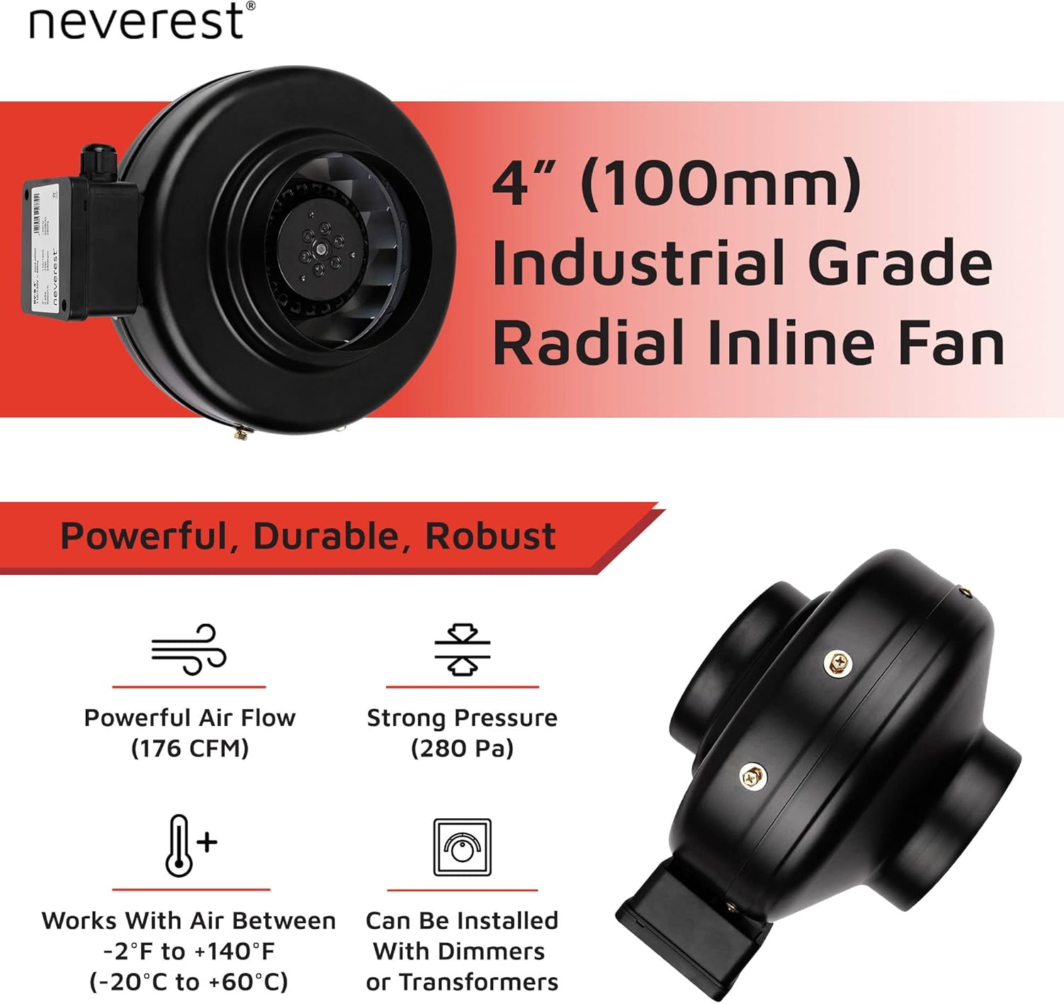Buy neverest RV-B 4 Inch Inline Fan 176 CFM Industrial Grade Duct ...