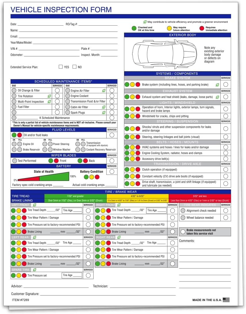 Amazon.com : Multi-Point Inspection Form - Generic – Vehicle Inspection ...