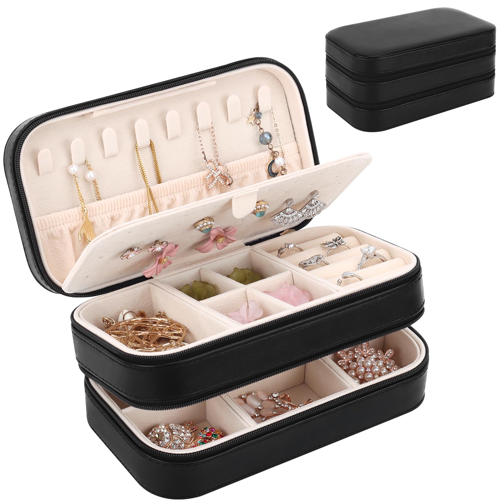 Amazon.com: DesignSter Small Travel Jewelry Box with Double Zipper, 2 ...