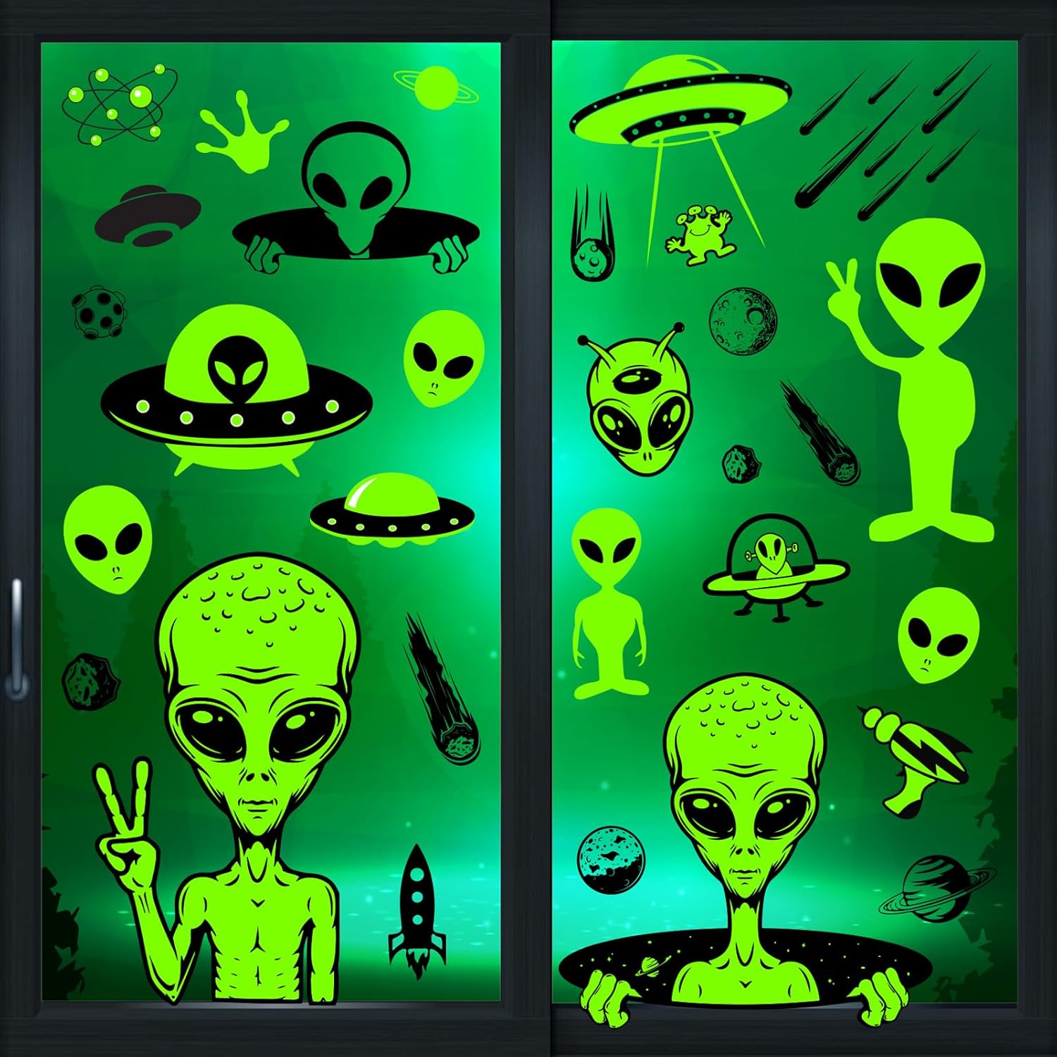 Amazon.com: Whaline 6 Sheets Halloween Alien Window Clings Large Size ...