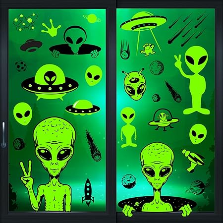 Amazon.com: Whaline 6 Sheets Alien Window Clings Large Size Green Alien ...