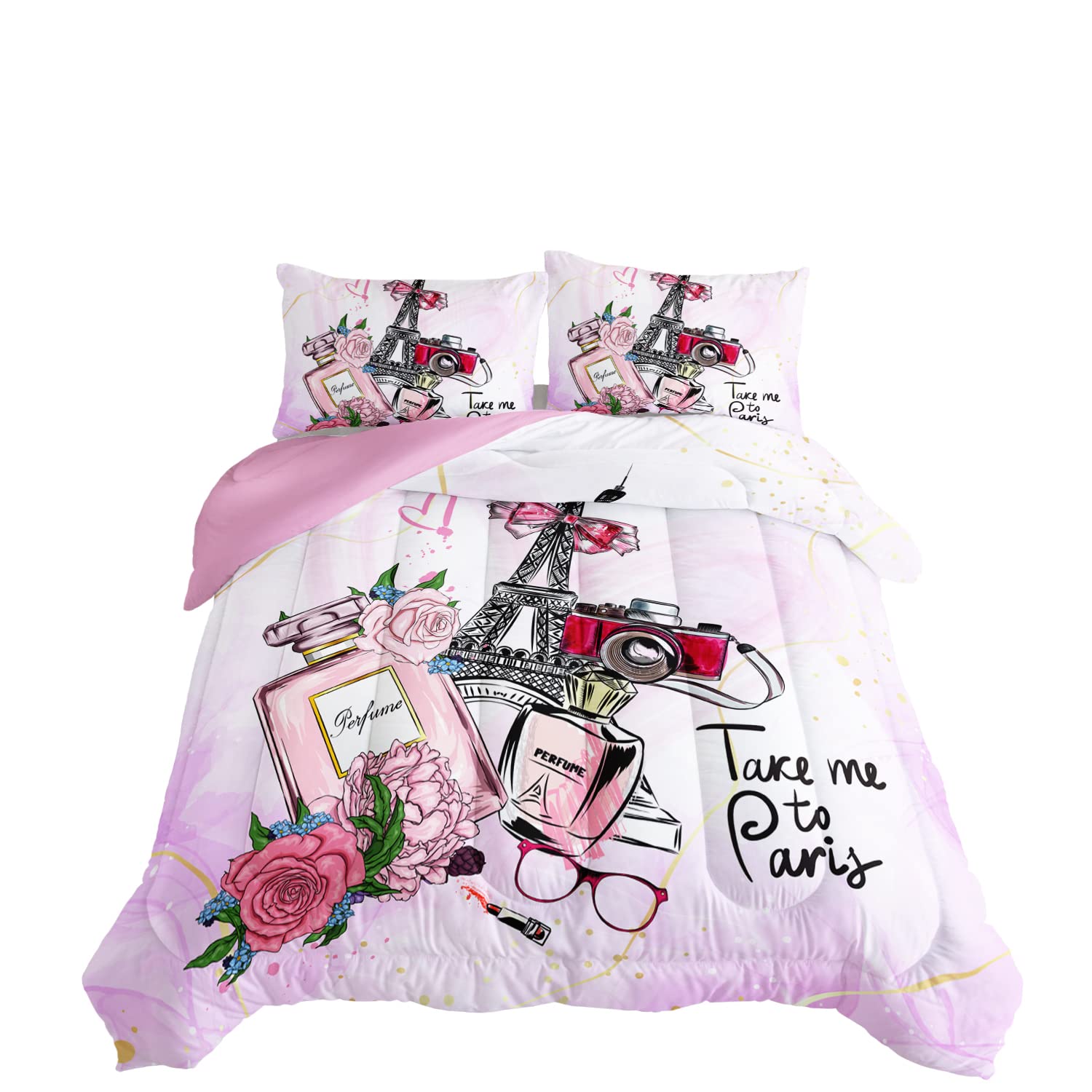 Amazon.com: HOSIMA Pink Paris Bedroom Comforter Set,French Eiffel Tower ...