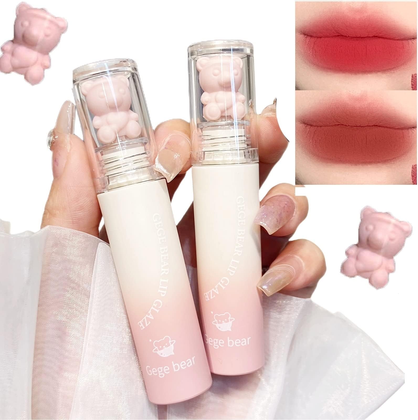 Amazon.com : 2Pcs Pink Bear Lip Glaze Matte Liquid Lipstick Cute Bear ...
