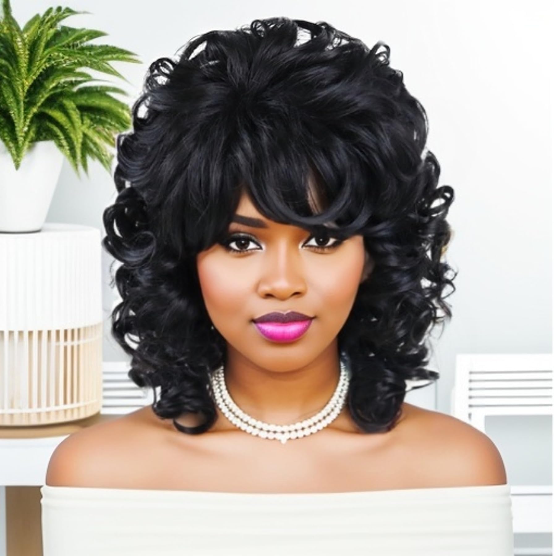 Amazon.com : GNIMEGIL 15 Inch Curly Big Hair Wig with Bangs Black Women ...