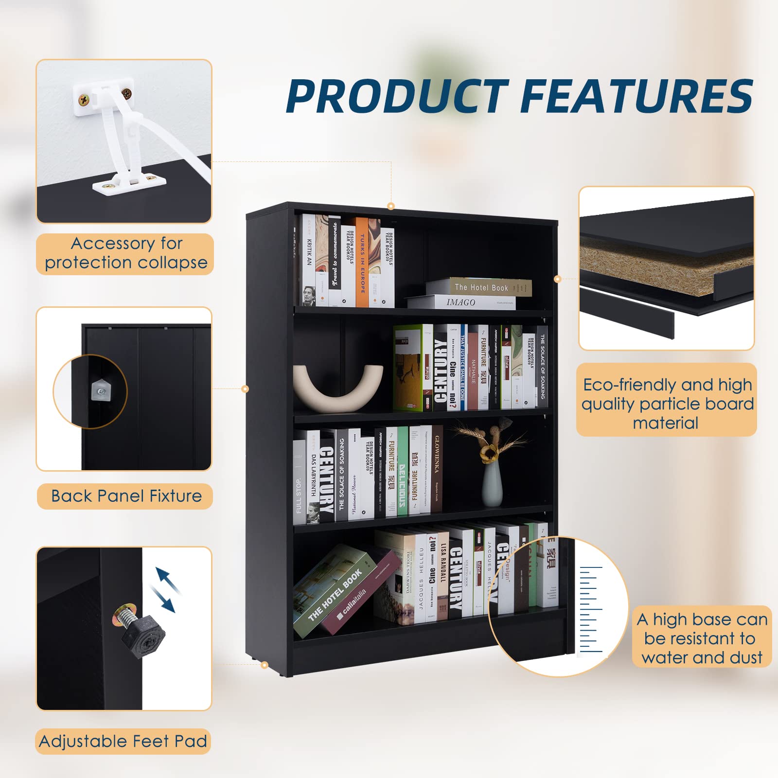 Snapklik.com : Black Bookshelf For Bedroom 4 Shelf Office Bookcase 48 ...