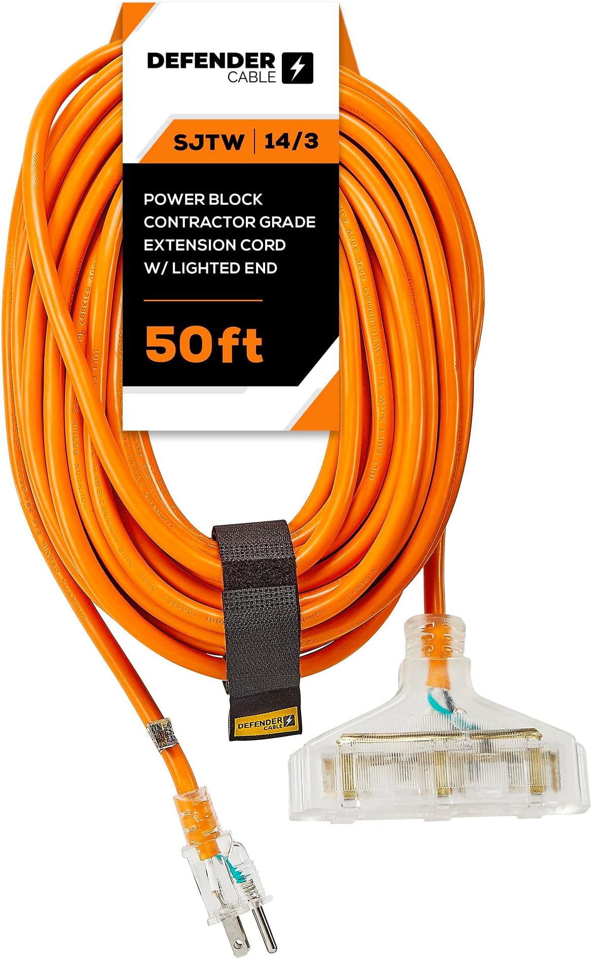 Amazon.com: Defender Safety Cable 14/3 Gauge, 50 ft Triple Outlet SJTW ...