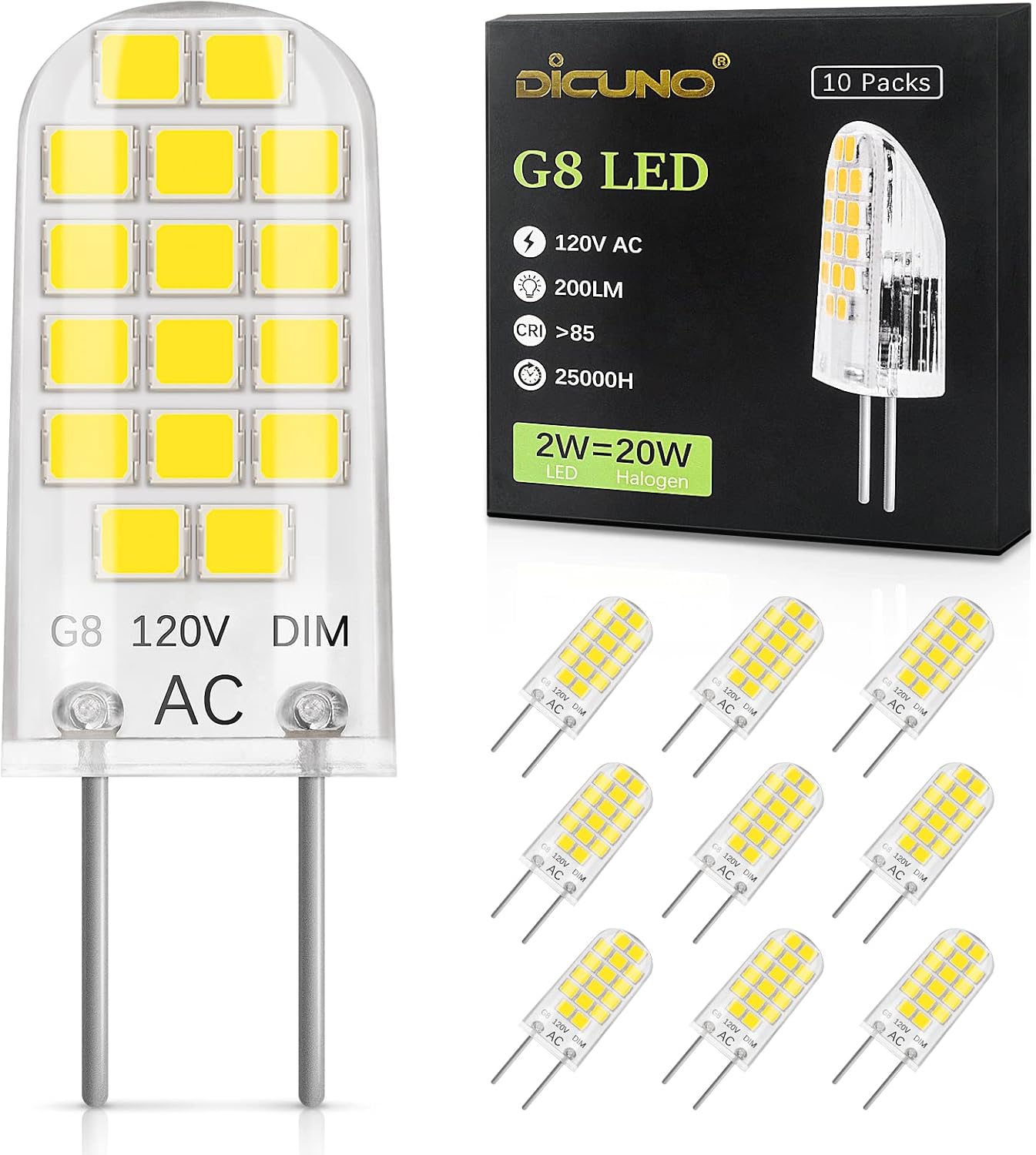 DiCUNO G8 LED Bulb Dimmable, 2W (20W Equivalent), Daylight White 5000K ...