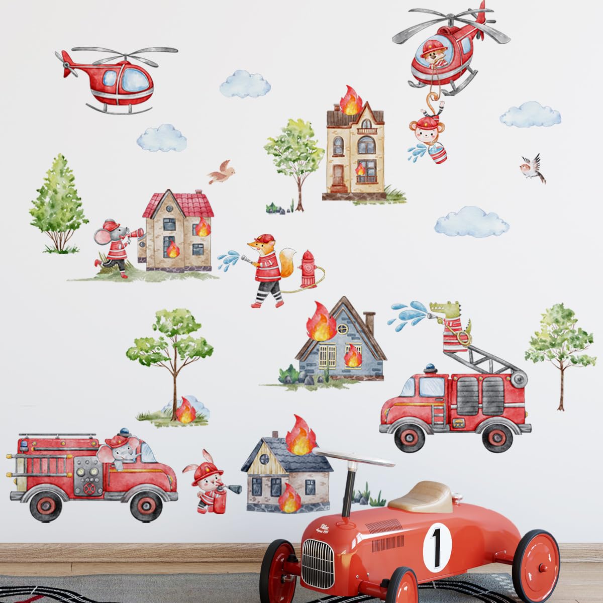 Runtoo Fire Truck Wall Decals Engine Transport Vehicle Wall Stickers ...