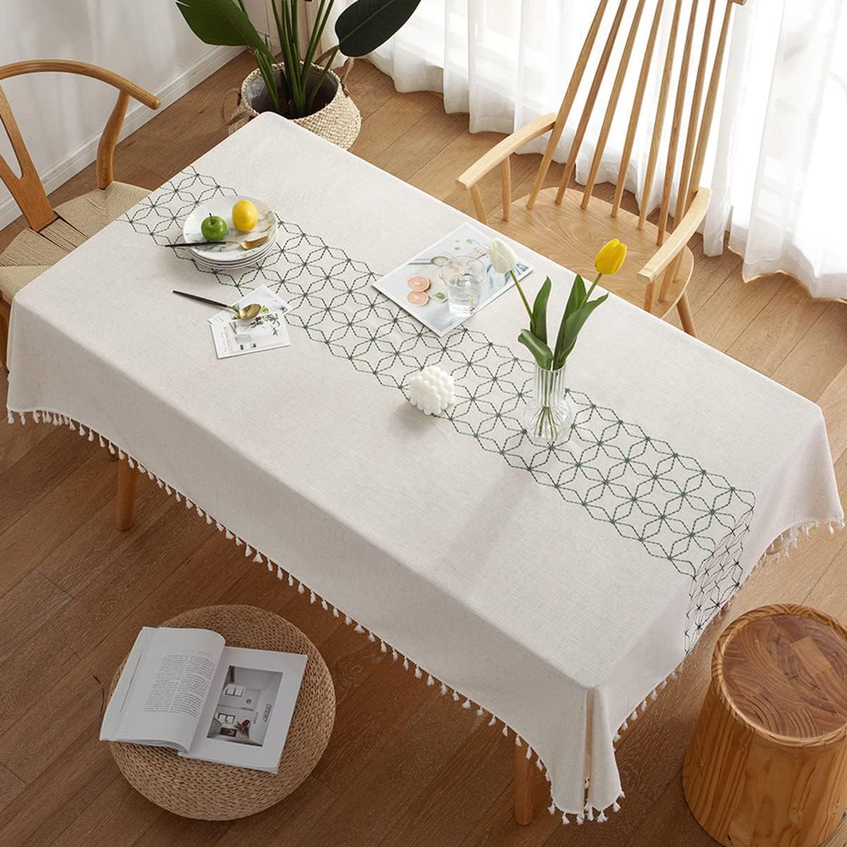Amazon.com: Tablecloth Splice Embroidered Tassel Geometric Rectangular ...