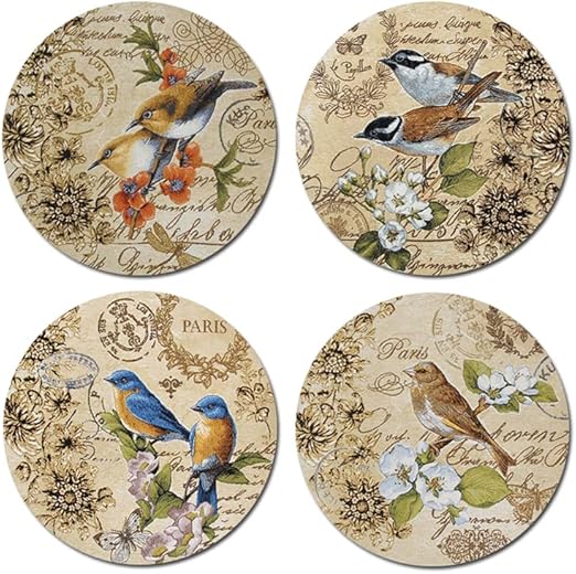 Amazon.com: Retro Bird Round Decorative Household Drink Coaster Set ...