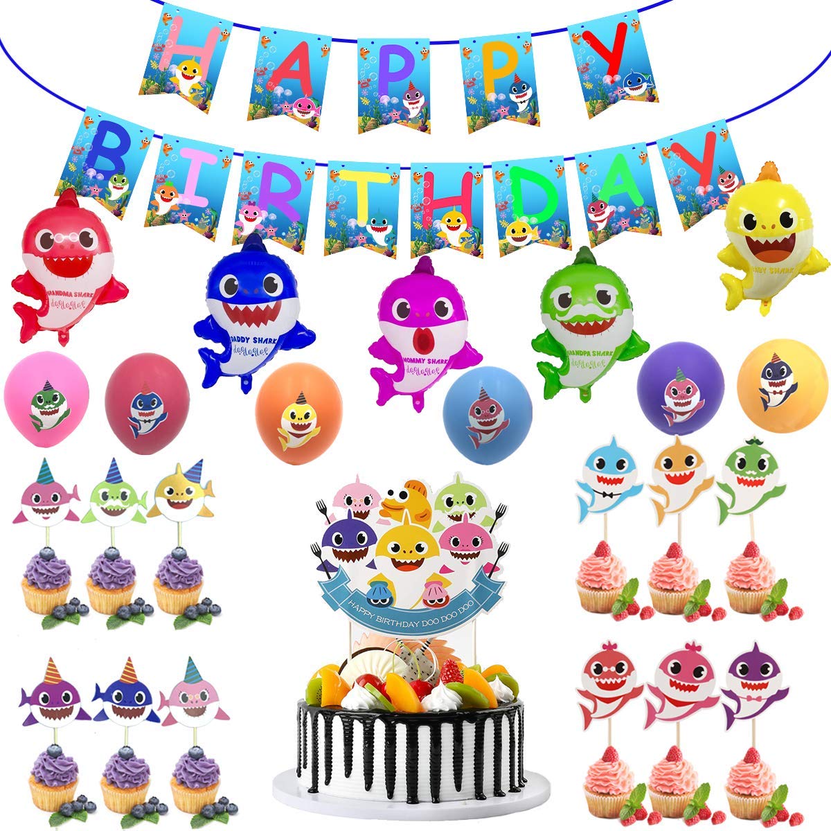 Baby Shark Party Supplies Happy Birthday Banner Set Cute Shark ...