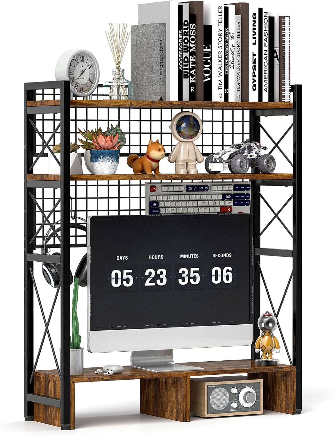 petour Computer Desktop Bookcase 2-Tier Wood Desktop Hutch Shelf 90CM ...