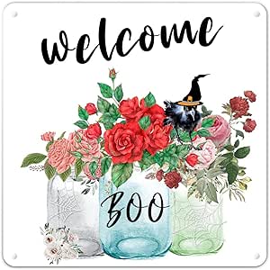 Amazon.com: Halloween Crow Welcome Metal Sign Pink Red Rose Vase Metal ...
