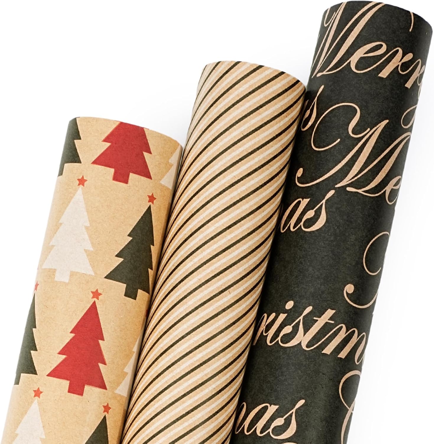 Amazon.com: LaRibbons Kraft Christmas Wrapping Paper Set, Elegant Gift ...