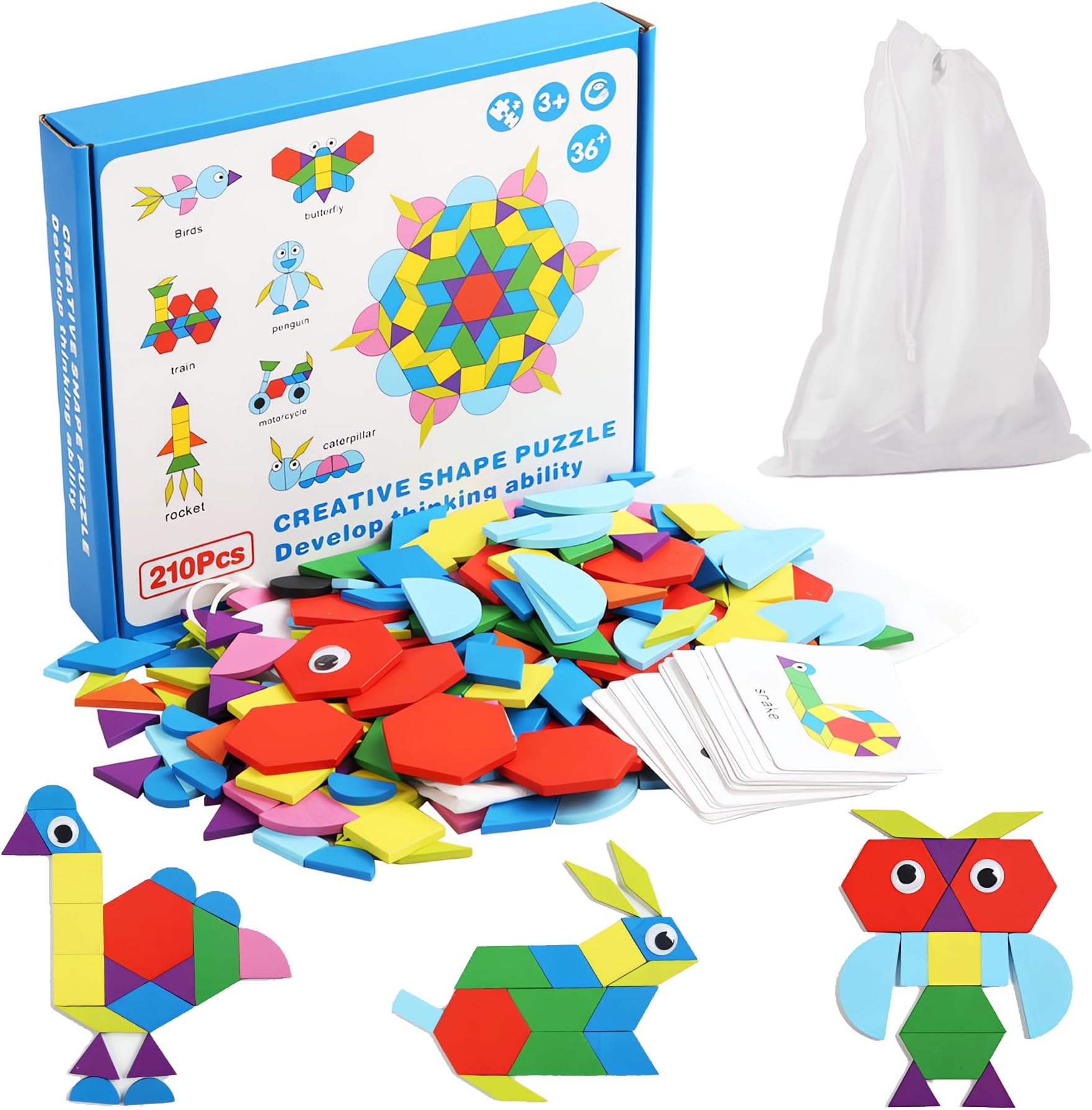 Coogam Wooden Pattern Blocks - Tangram Shape Puzzle Set Color Sorting ...