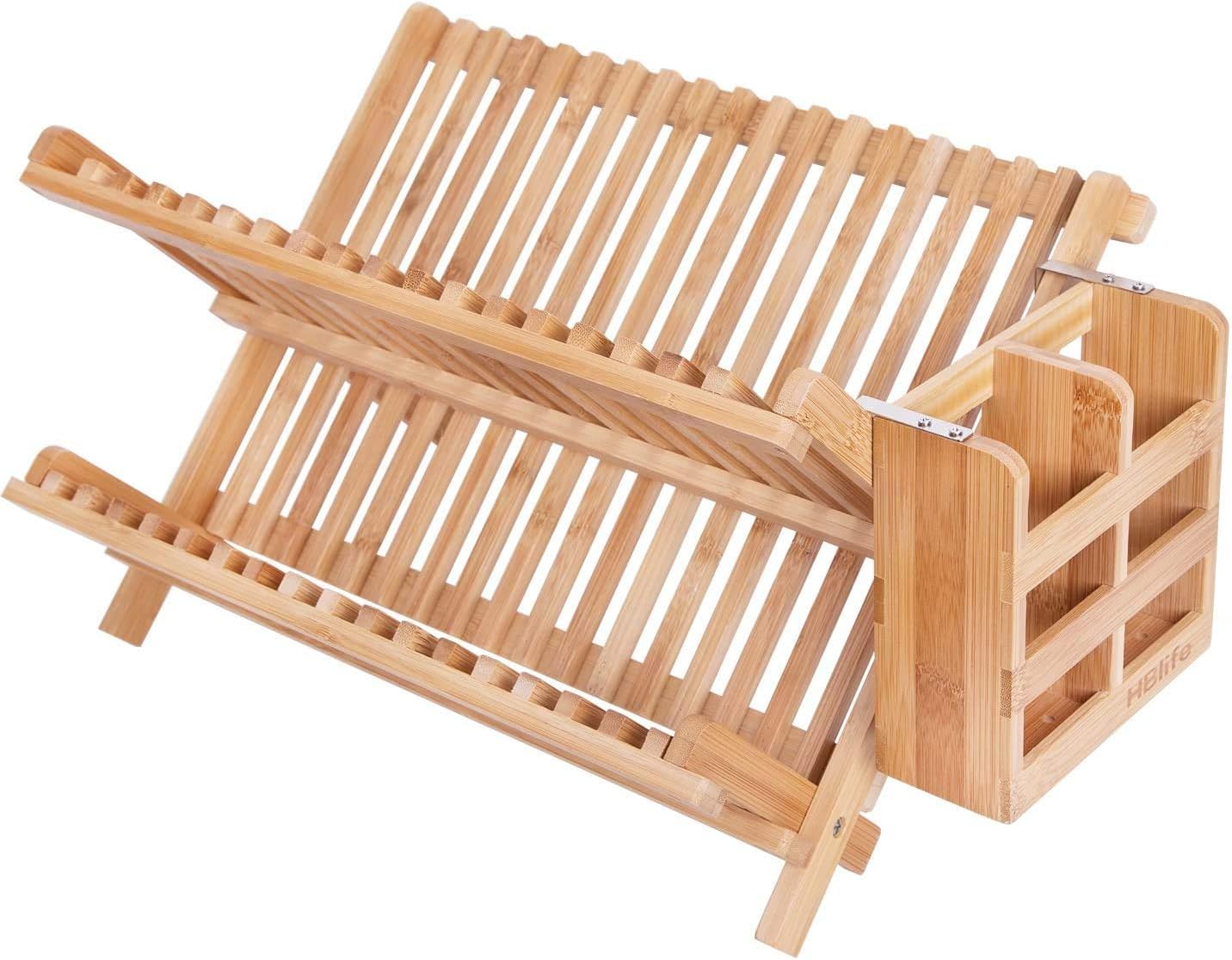 Amazon.com: HBlife Dish Rack,Bamboo Folding 2-Tier Collapsible Drainer ...