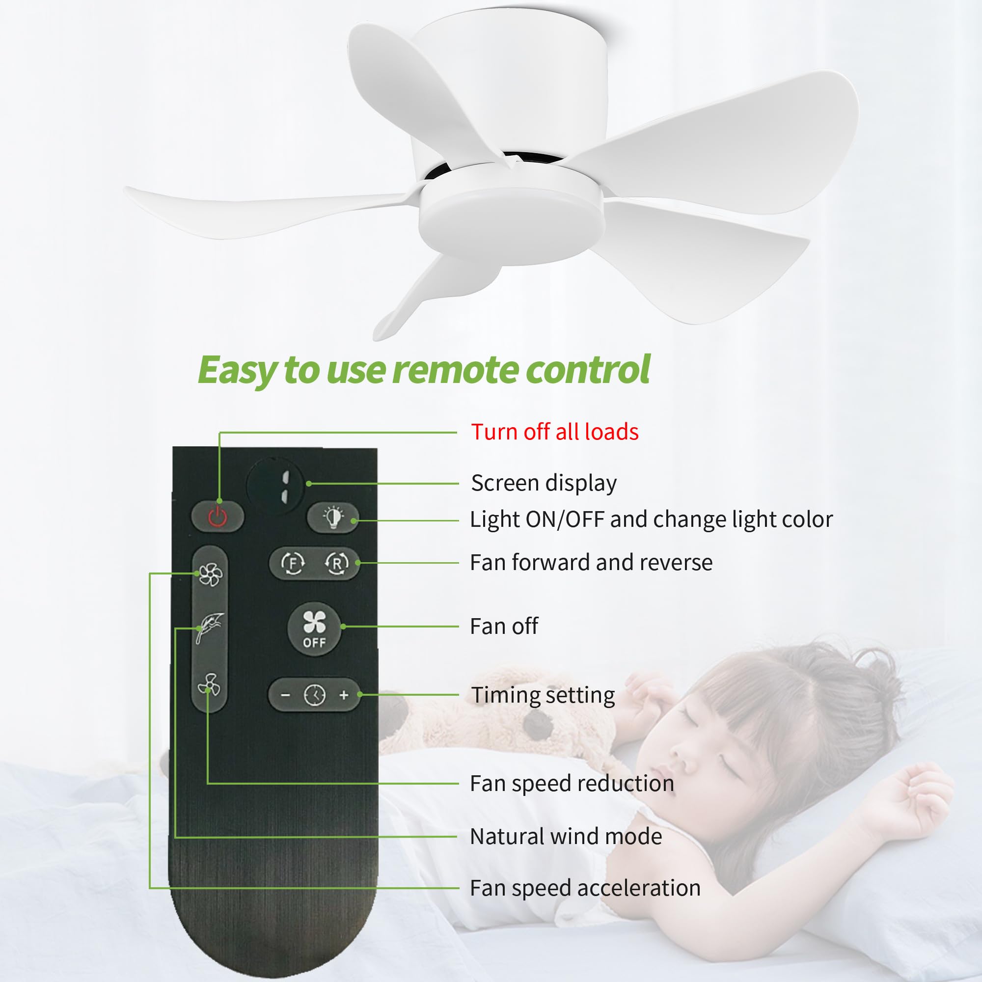 YJFAN 30 Inch Ceiling Fan with Light,Flush Mount Ceiling Fan with ...
