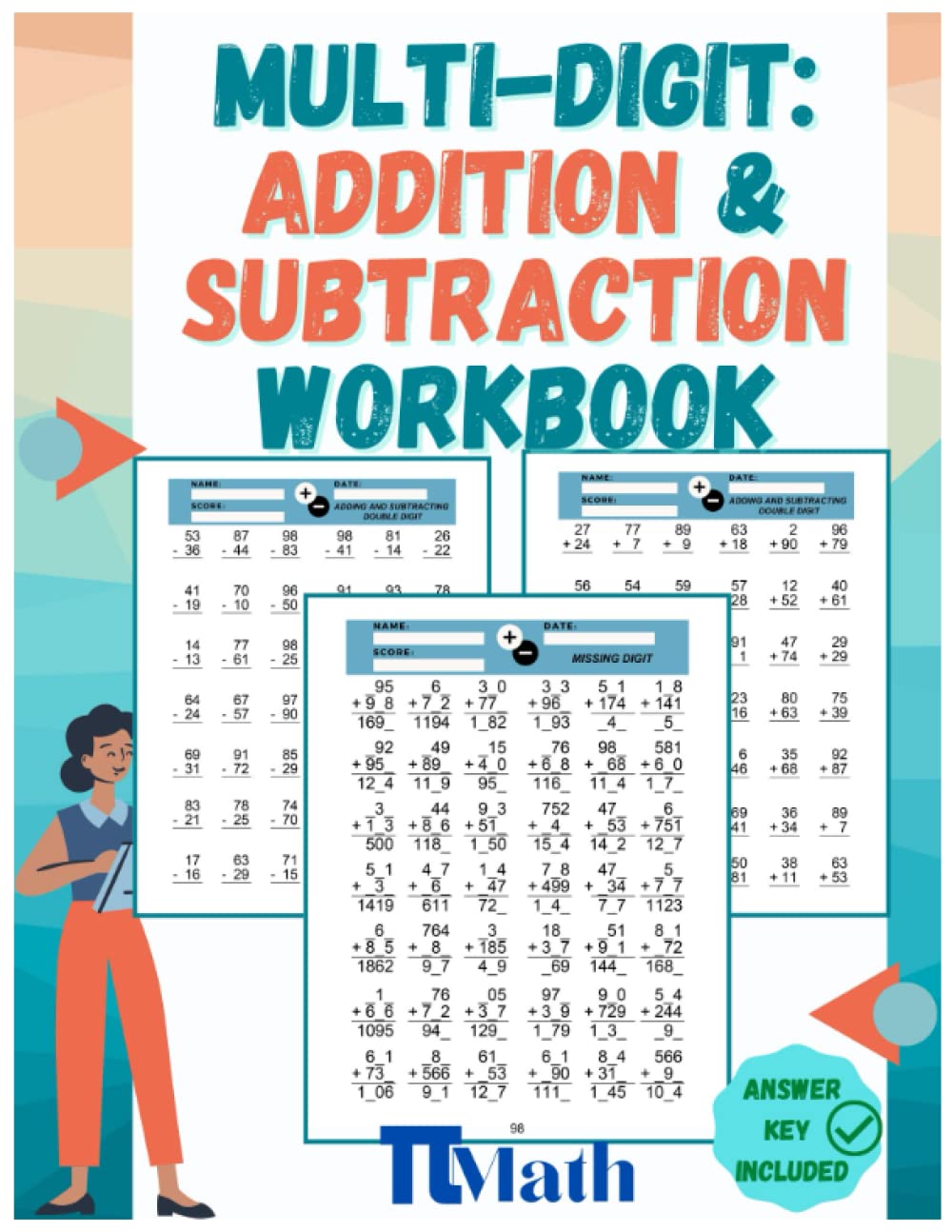 PI MATH multi-digit Addition and Subtraction Workbook, 1-3 grades, 100 ...