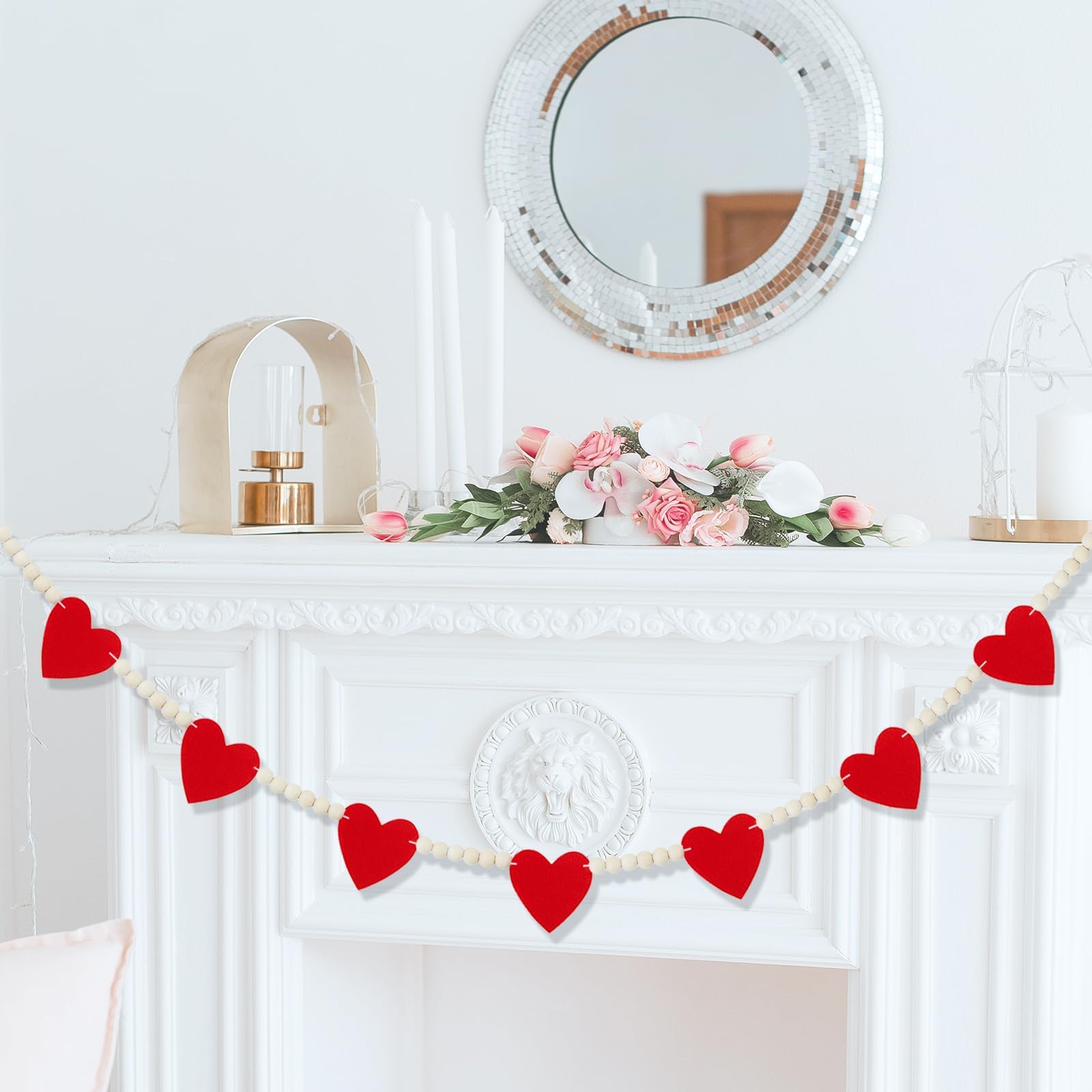 Amazon.com: Mantel Decor - Red Felt Heart Wooden Beads Garland Banner ...