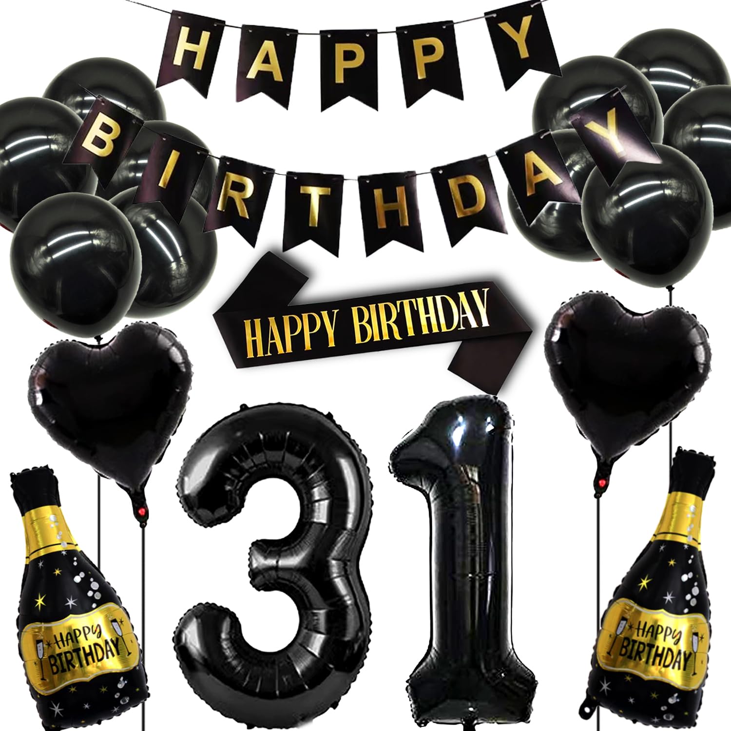 Amazon.com: 31st Birthday Decoration Set Women & Men, Black Gold 31st ...