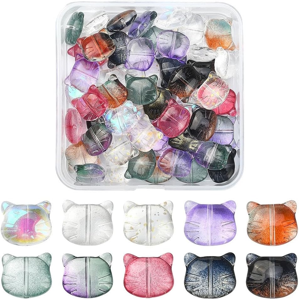 Amazon.com: 100Pcs Glass Cat Beads Mix Color Transparent Kitten Head ...
