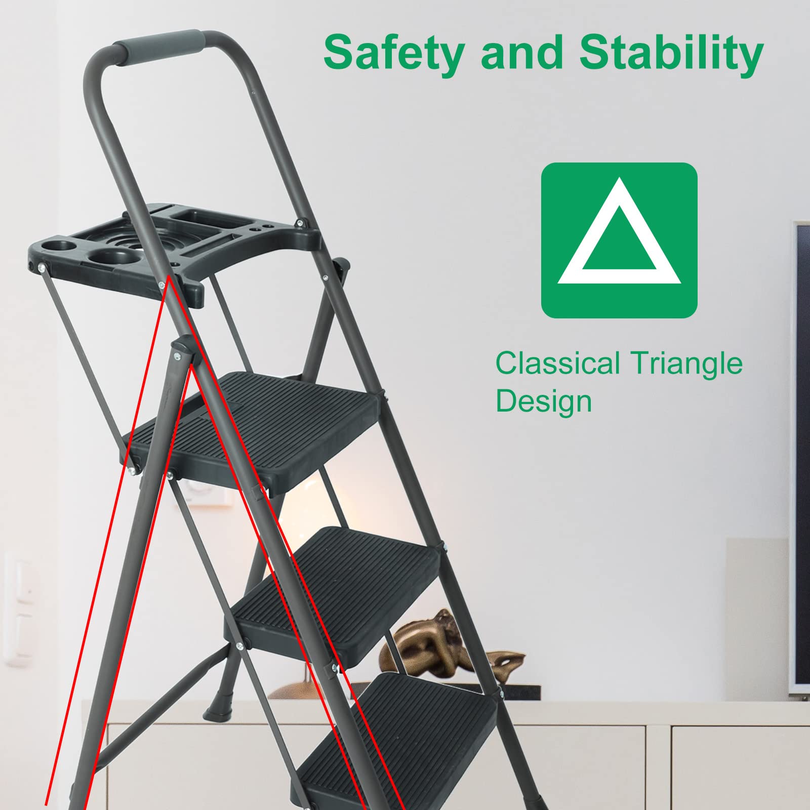 3 Step Ladder with Tray, Folding Step Stool with Wide Non-Slip Pedal ...