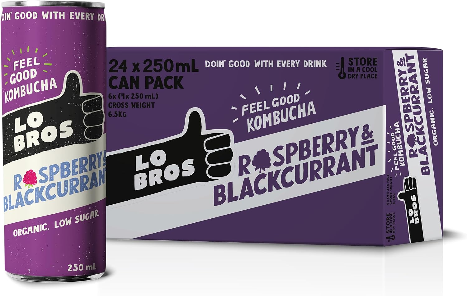 Lo Bros Organic Kombucha Raspberry & Blackcurrant 250ml x 24 Pack Cans ...