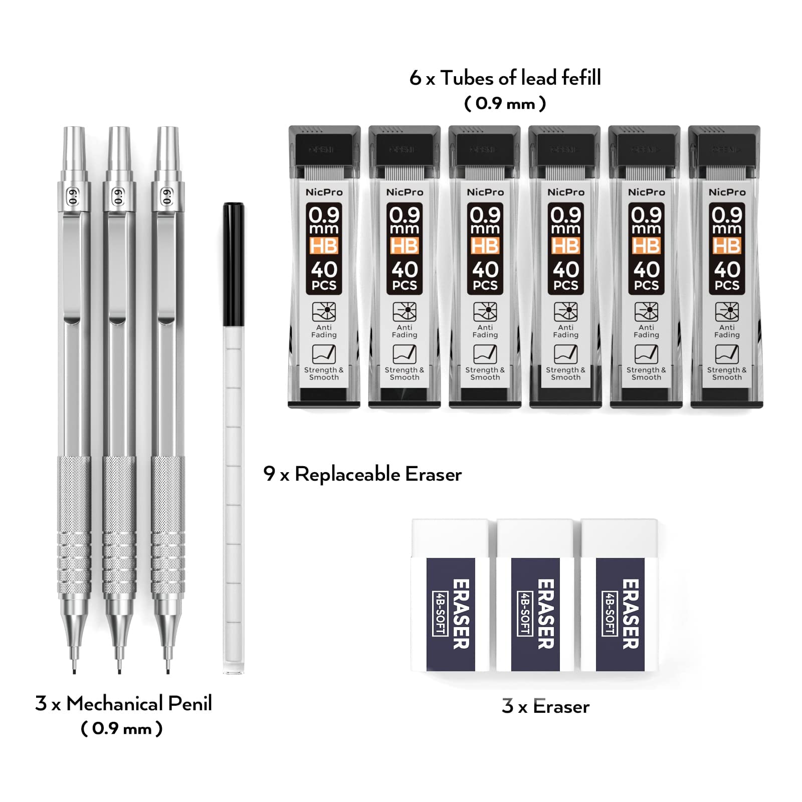 Snapklik.com : Nicpro Metal 0.9 Mm Mechanical Pencils Set