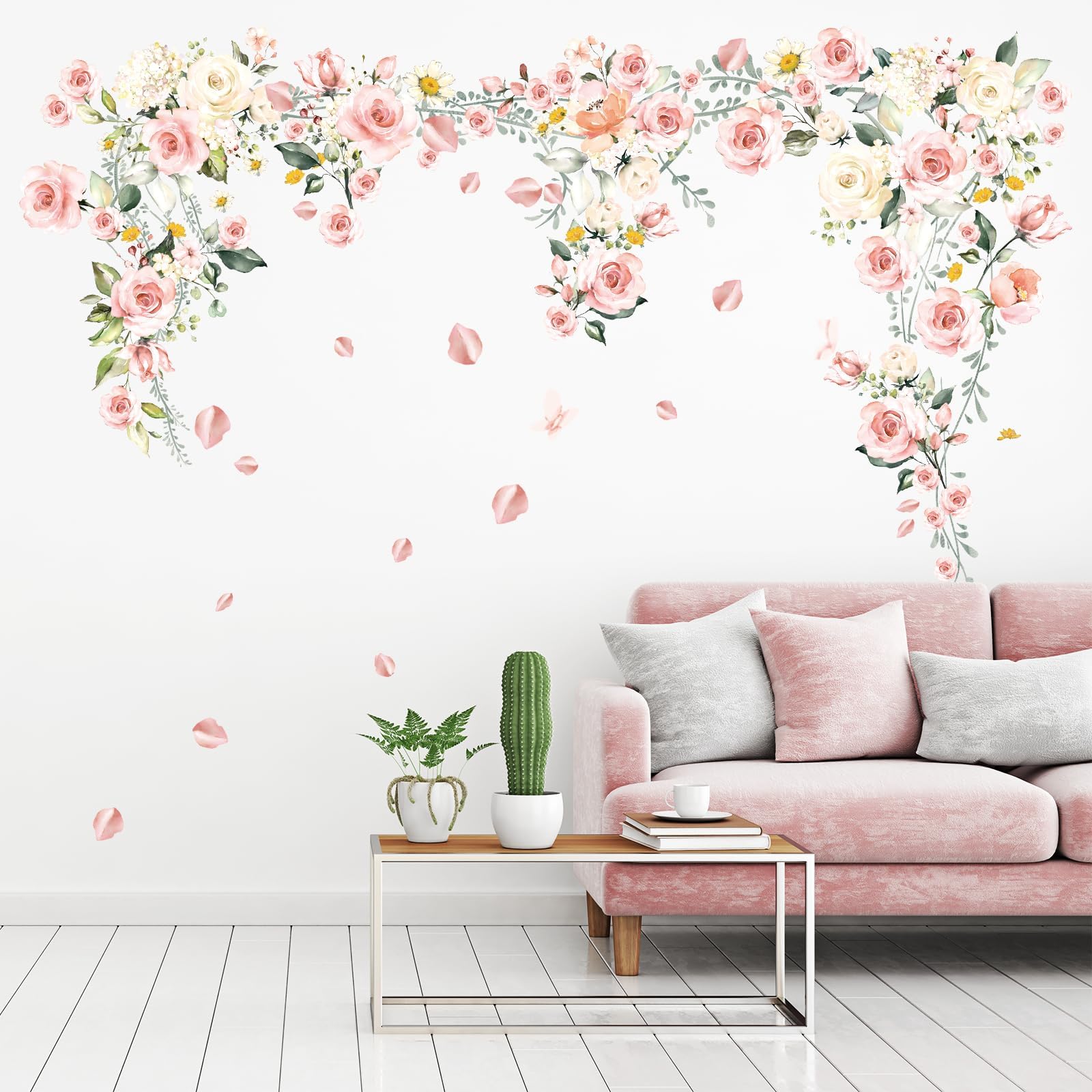 Amazon.com: Amimagen Large Flower Wall Decals - Hanging Vine Pink Rose ...