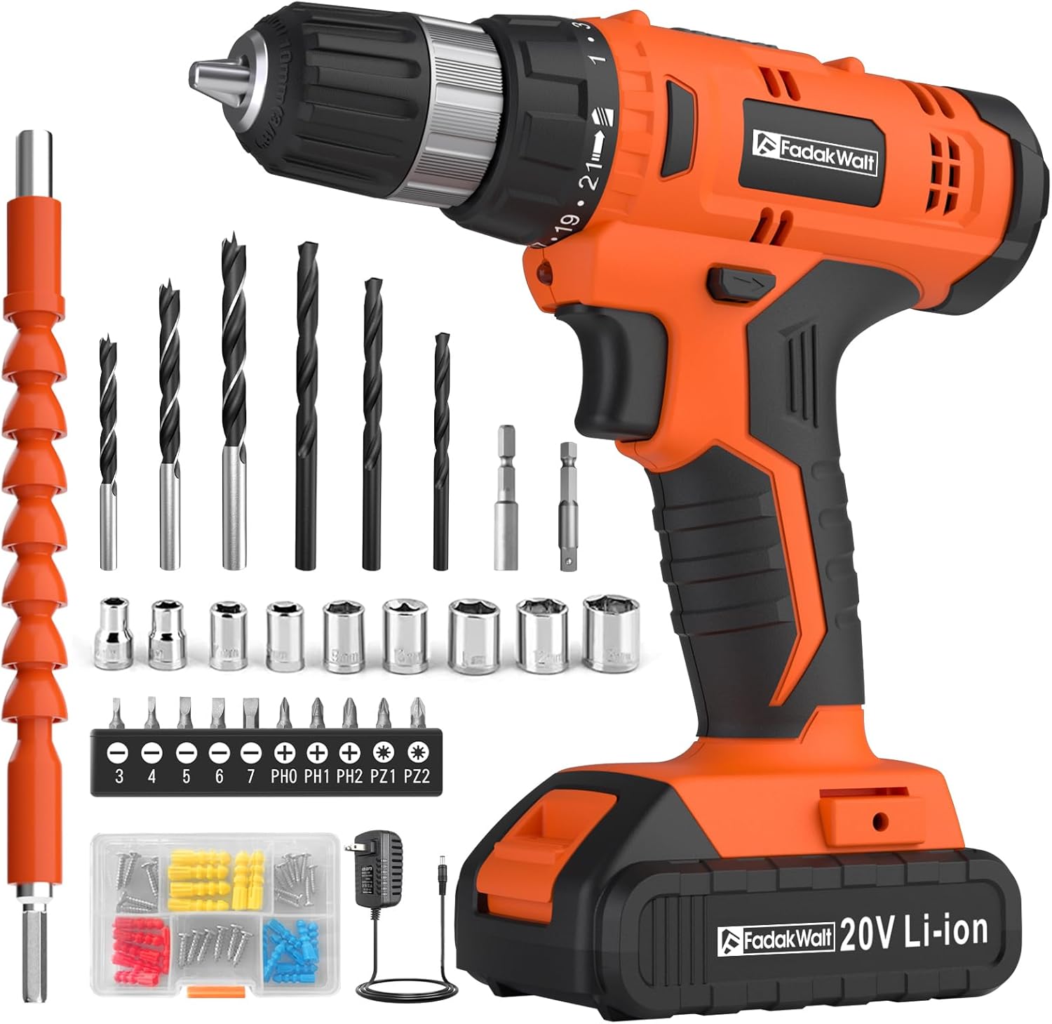 FADAKWALT 20V Cordless Drill Set ，Powerful Drill bit Sets,Torque 30N,21 ...