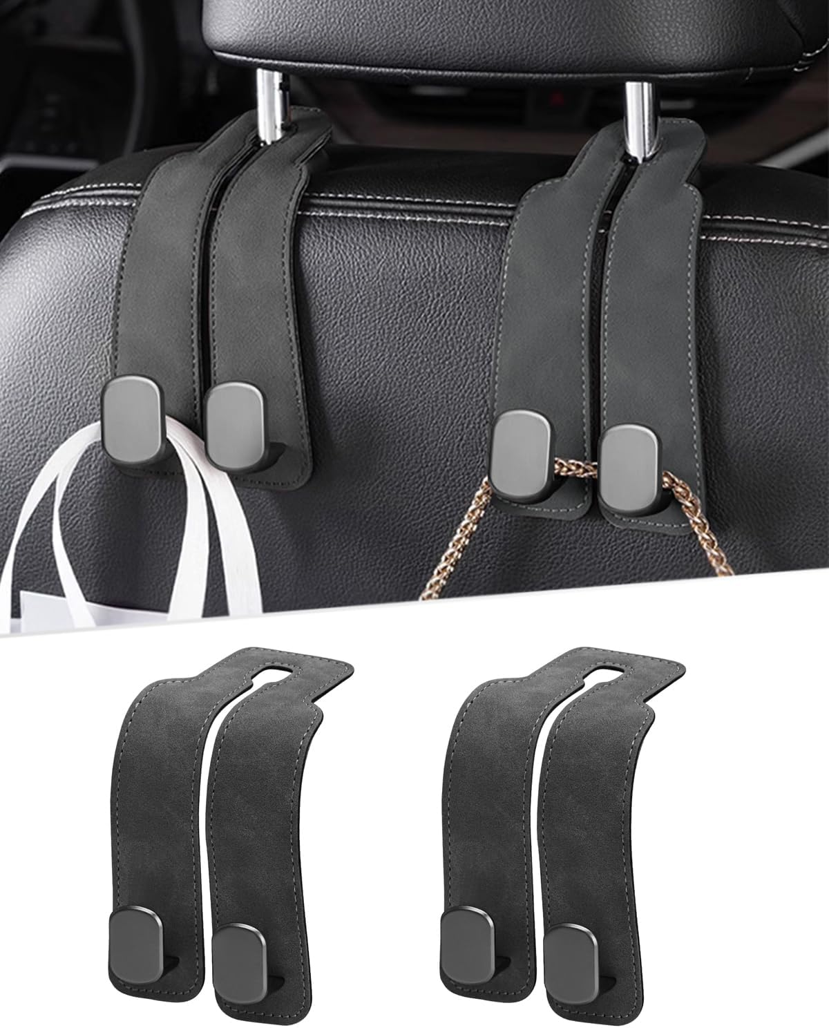 2 Pcs Car Seat Backrest Purse Hooks, Leather Car Headrest Hanger with ...