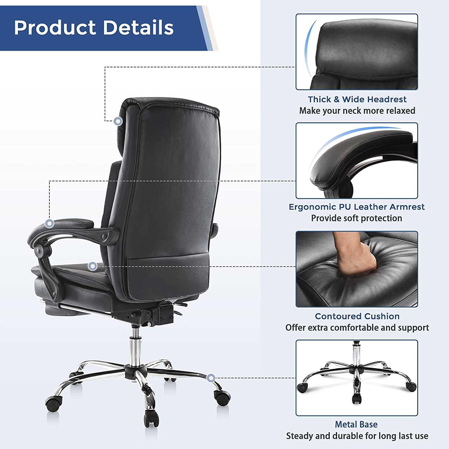 Executive Office Chair, Ergonomic Big and Tall Leather Swivel Rolling ...