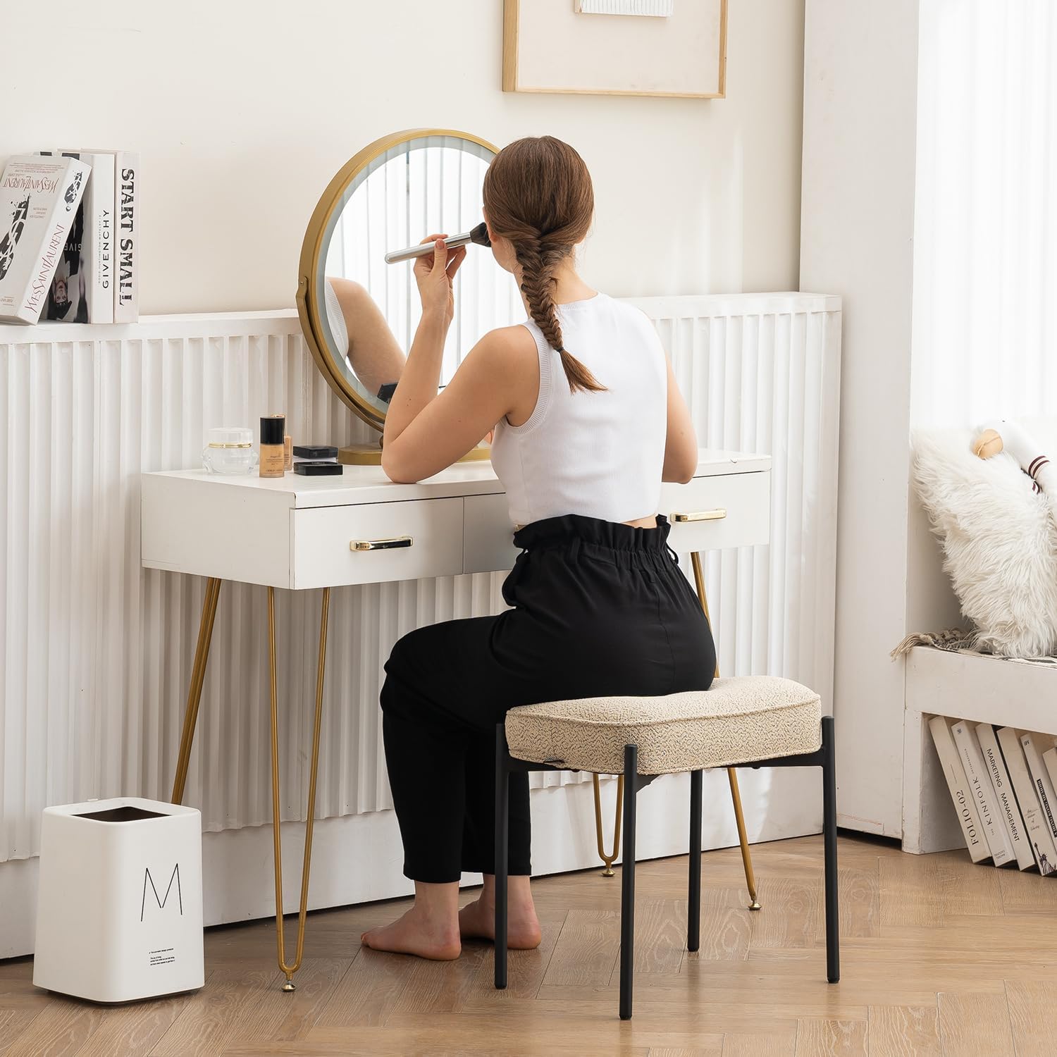 YOUNIKE Fabric Boucle – Taburete otomano rectangular copetudo con forro ...