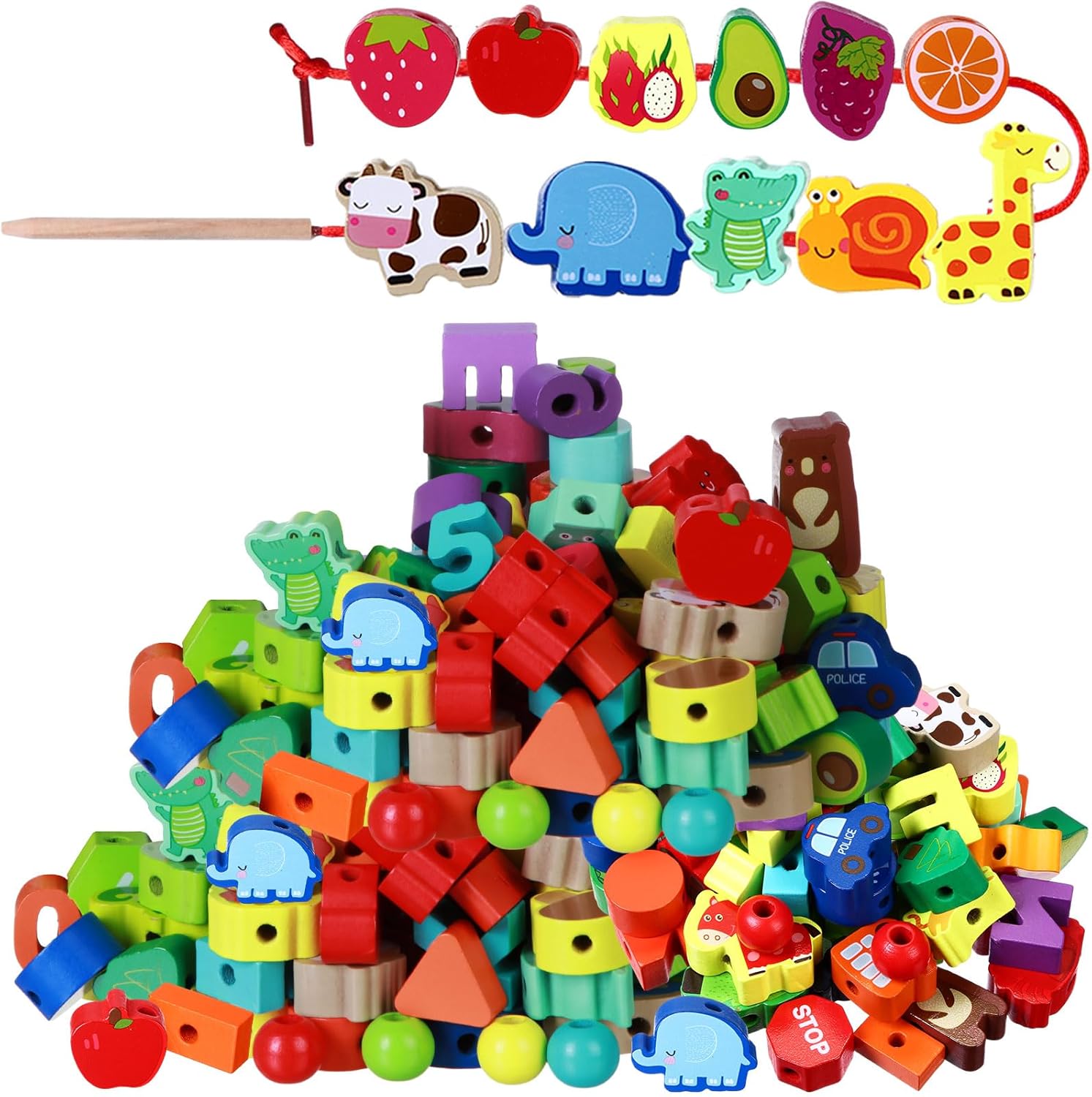 Amazon.com: Shappy 139 Pcs Montessori Educational Wooden Lacing Beads ...