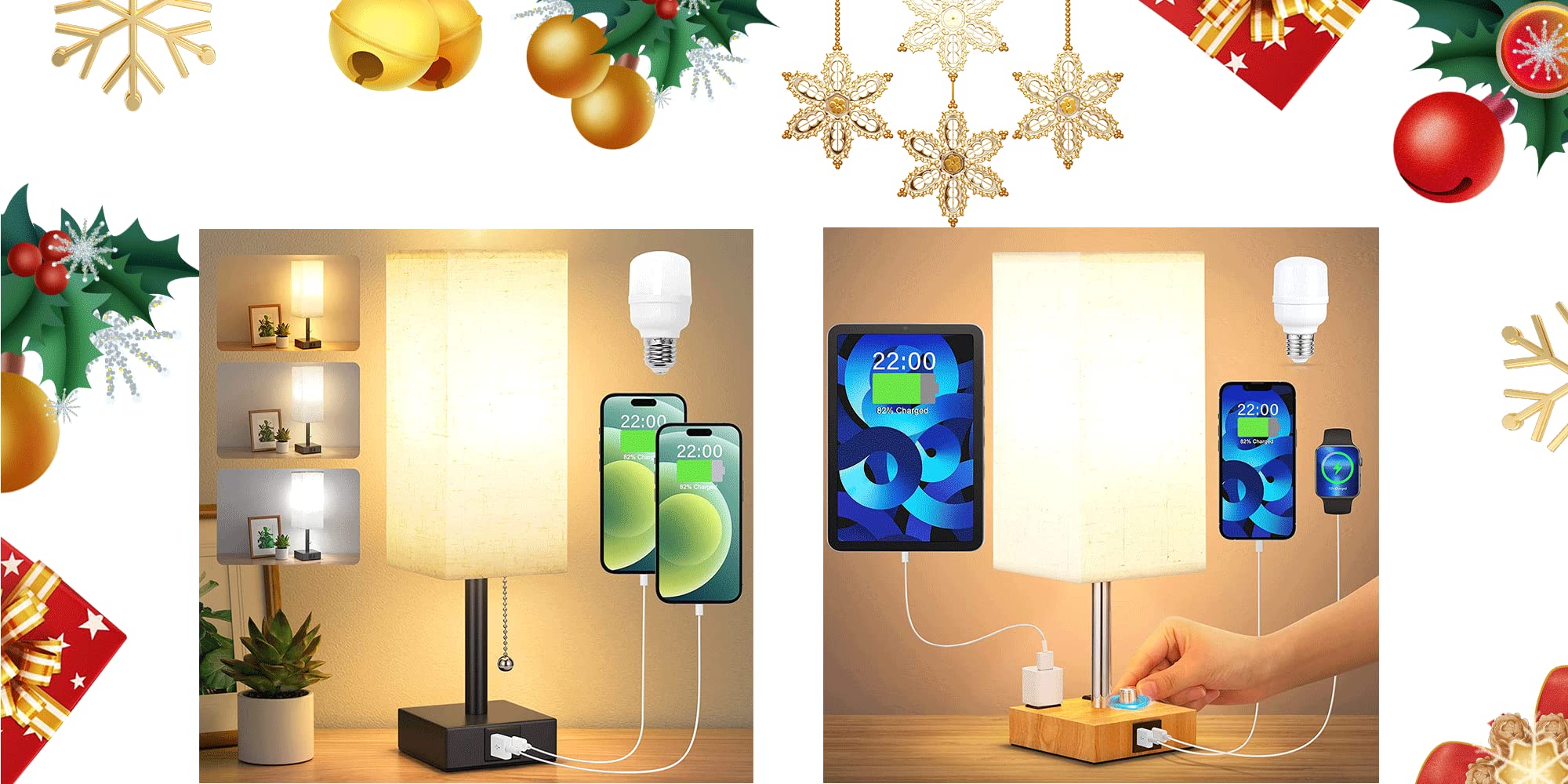 Bedside Table Lamp with 3 Levels Brightness- Solid Wood Bedside Lamp ...