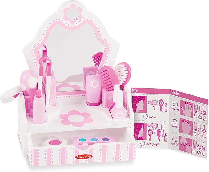 Melissa & Doug Wooden Beauty Salon Play Set, 18-Piece Vanity with ...