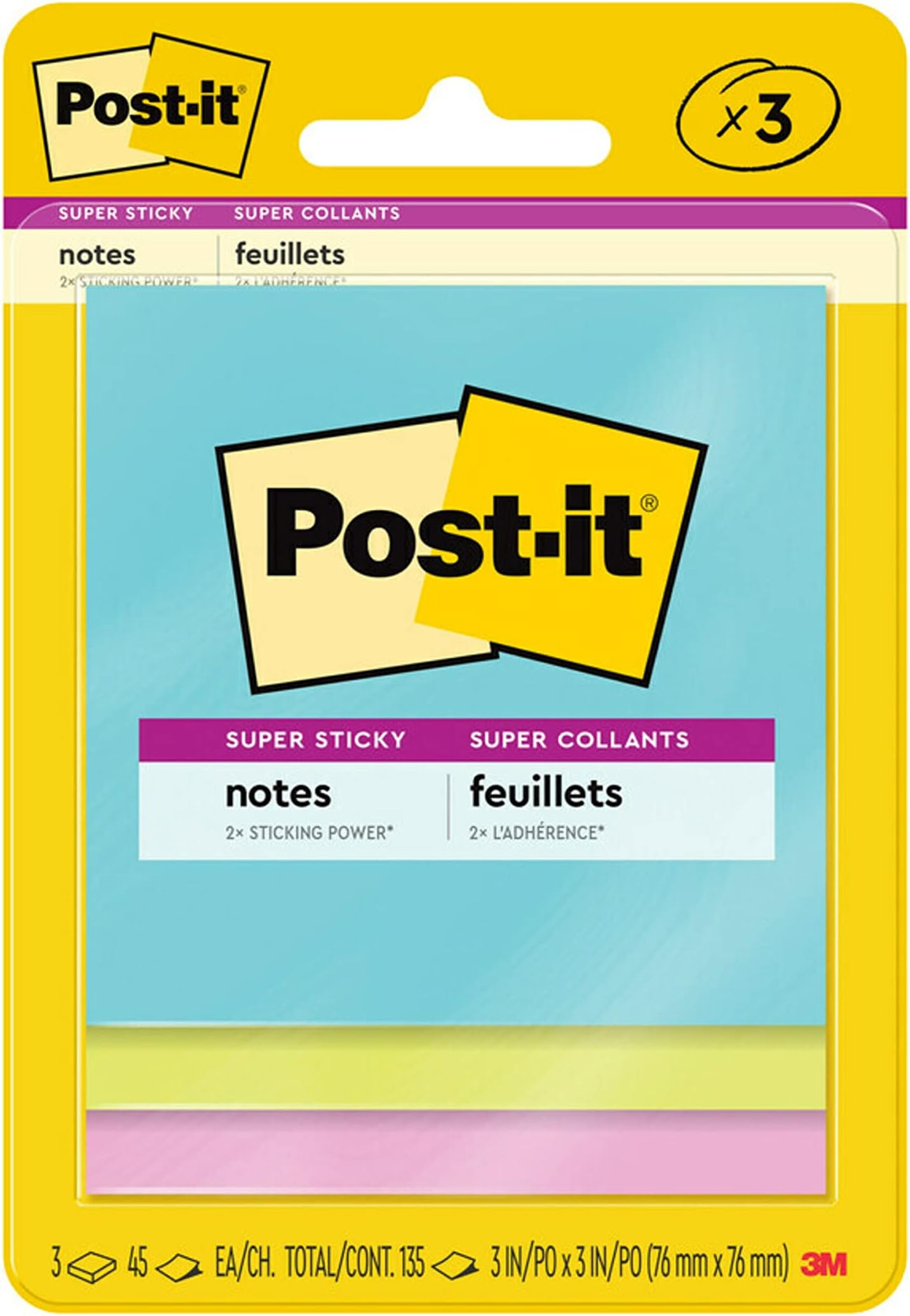 Amazon.com : Post-it Super Sticky Notes, 3x3 in, 3 Pads, 2X The ...