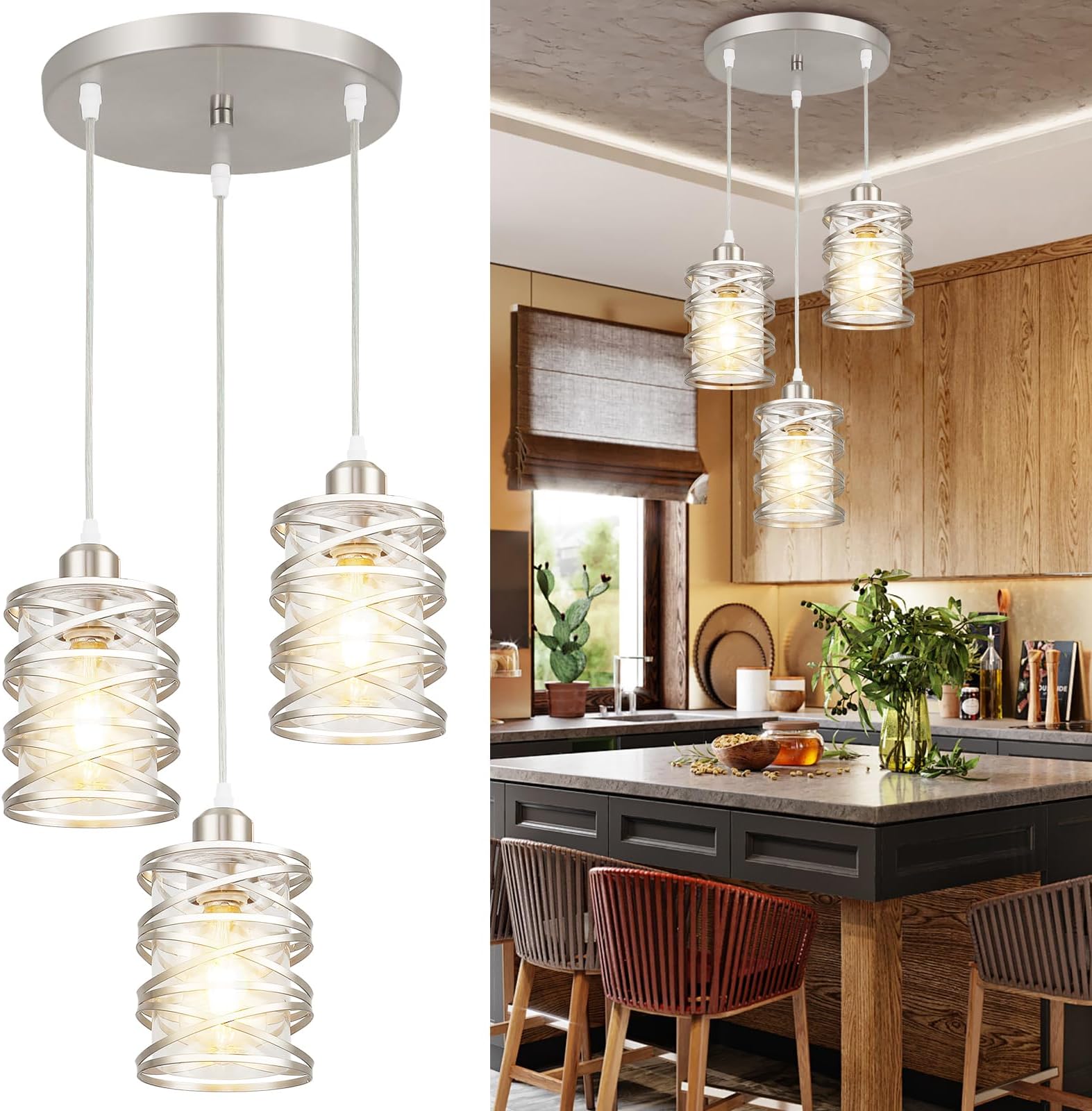 foucasal Pendant Lights Kitchen Island Brushed Nickel Pendant Light ...