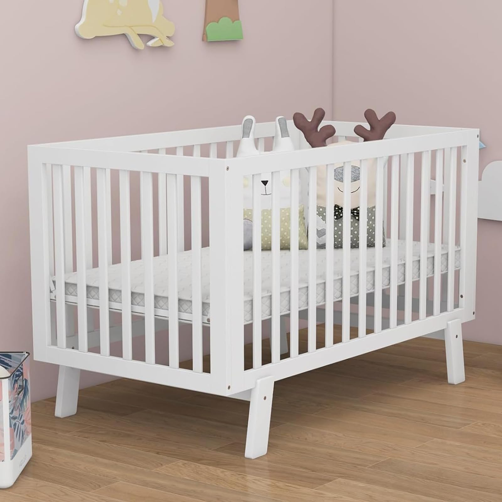 Amazon.com : BABY JOY Wooden Baby Crib, Rubber Wood Mini Crib w/ 3 ...