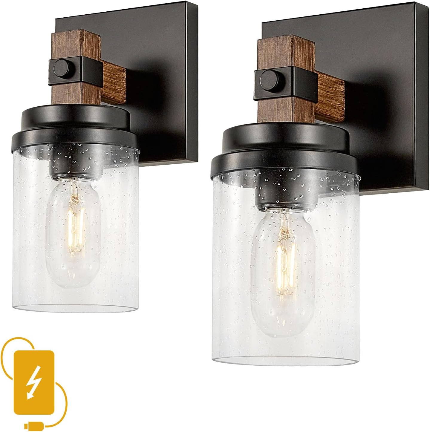 Battery Operated Wall Sconce Set of Two, Rechargeable Wall Light, Wood Grain Farmhouse Cordless ...