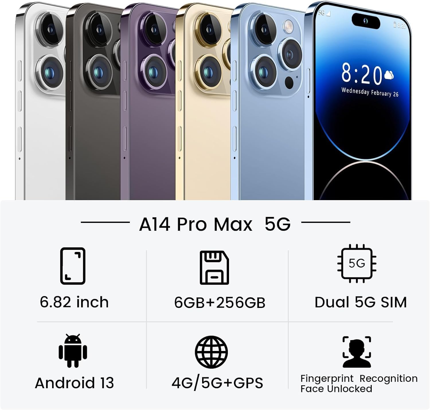 SANSHREUNI A14 Pro Max – Teléfono inteligente desbloqueado, 6GB+256GB ...
