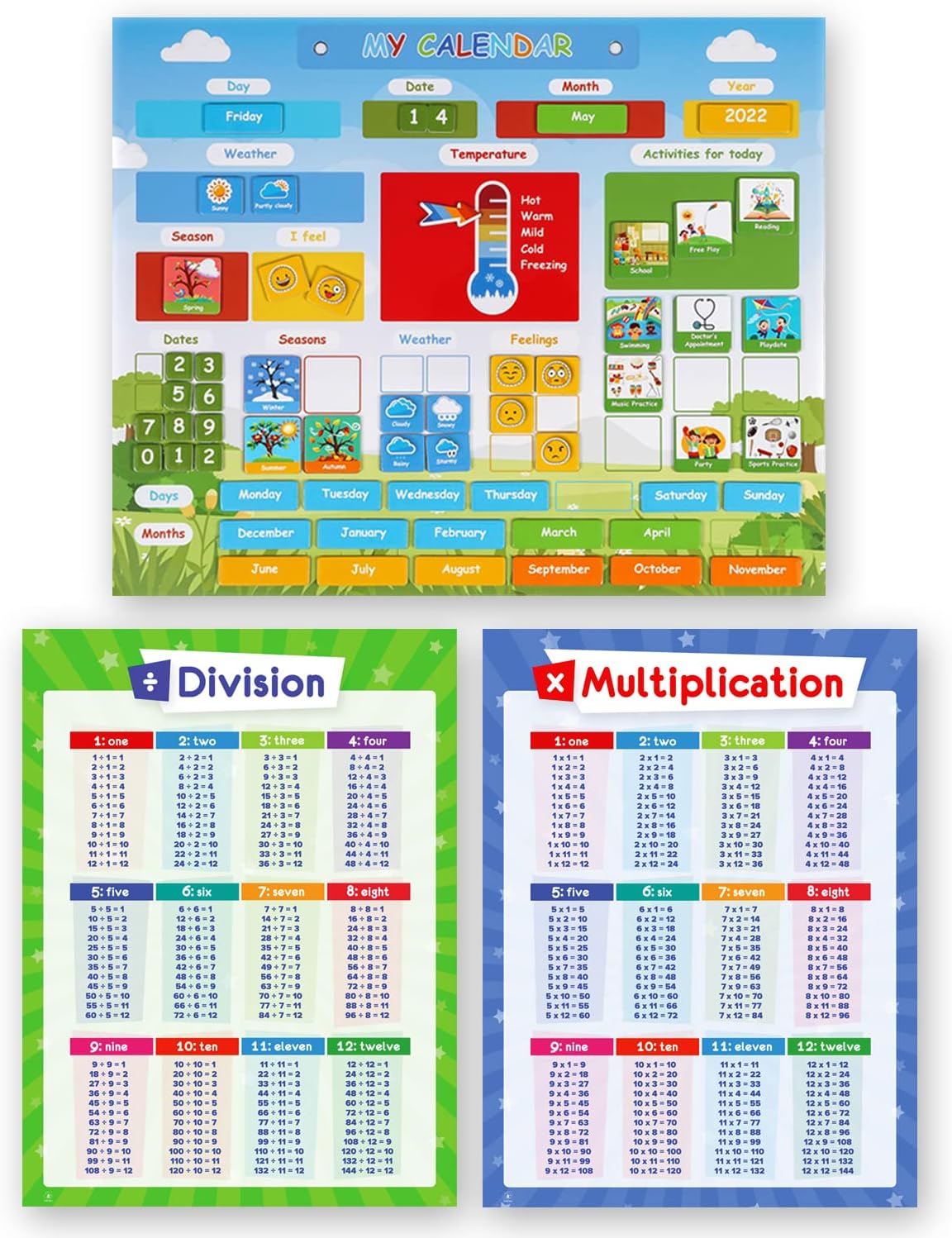 Amazon.com : Kids Calendar & Multiplication Table Chart and Division ...