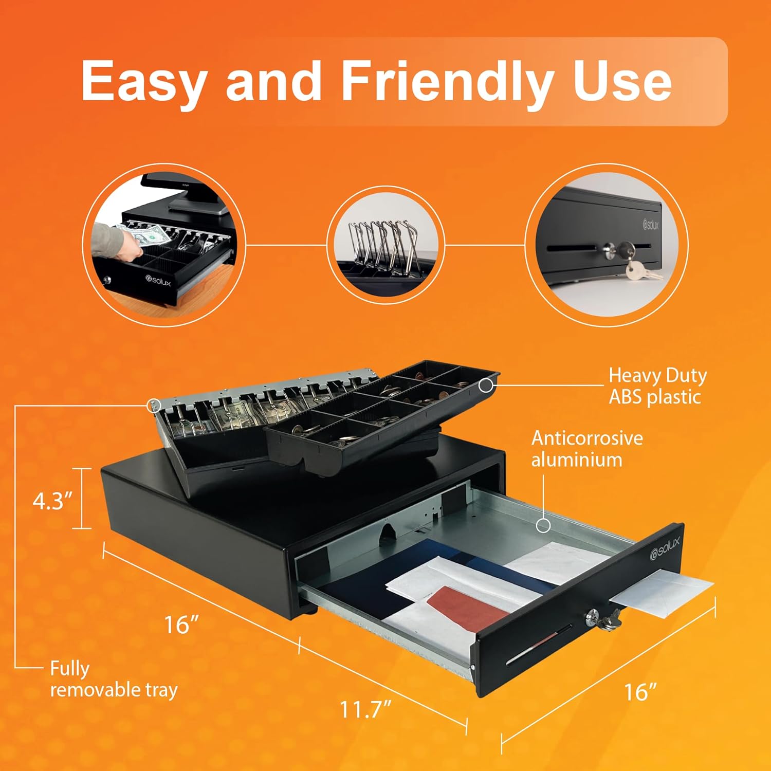 SOLUX Bundle 16″ Cash Drawer + USB Wired Barcode Scanner – 2D QR Code ...
