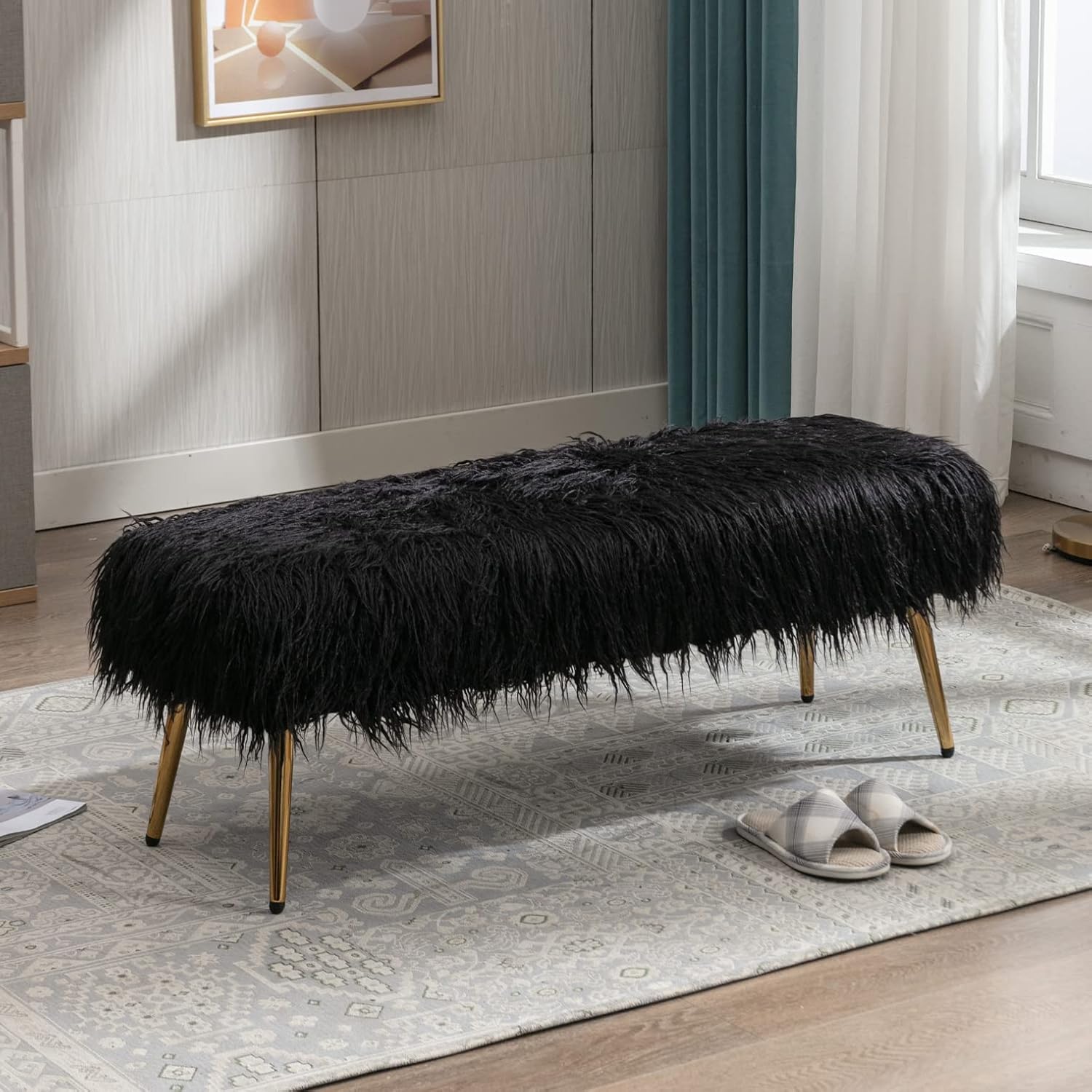 Amazon.com: Yoluckea Faux Fur Plush Ottoman Bench, Fluffy 47" Long ...