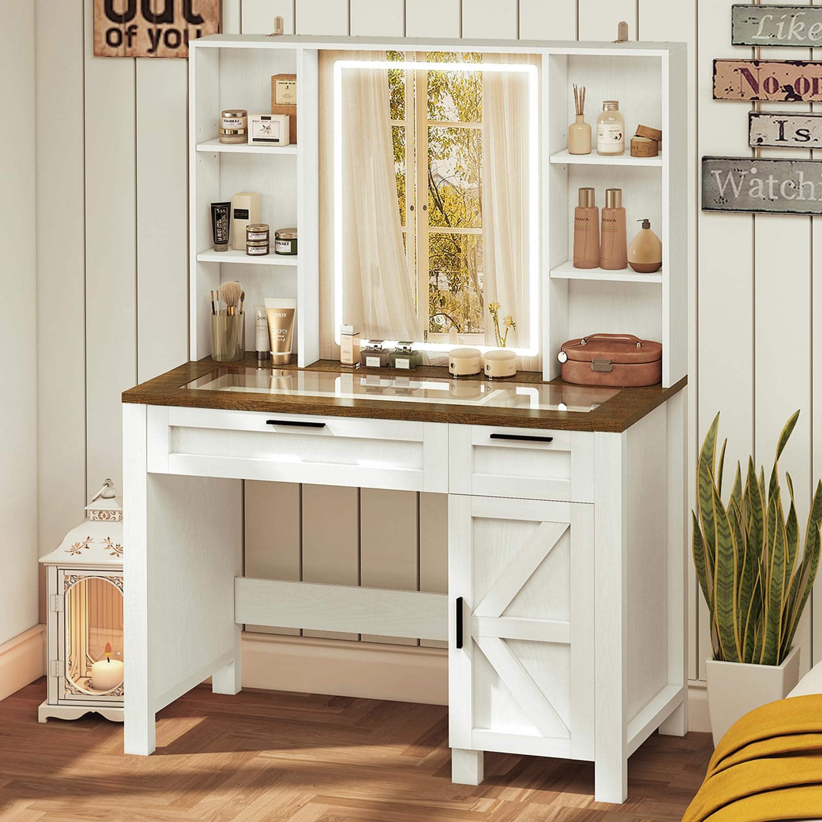 Amazon.com: MIIFUNY Farmhouse Makeup Vanity Desk with Mirror and Lights ...