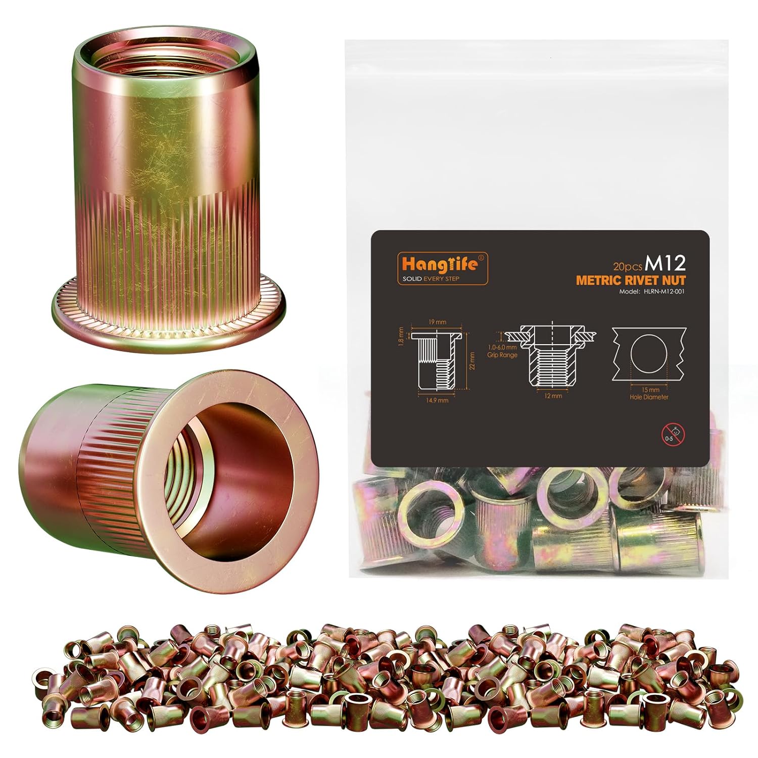 HANGLIFE Rivet Nut, M12 Metric Rivnut - Flat Head Nutserts, Zinc Plated ...