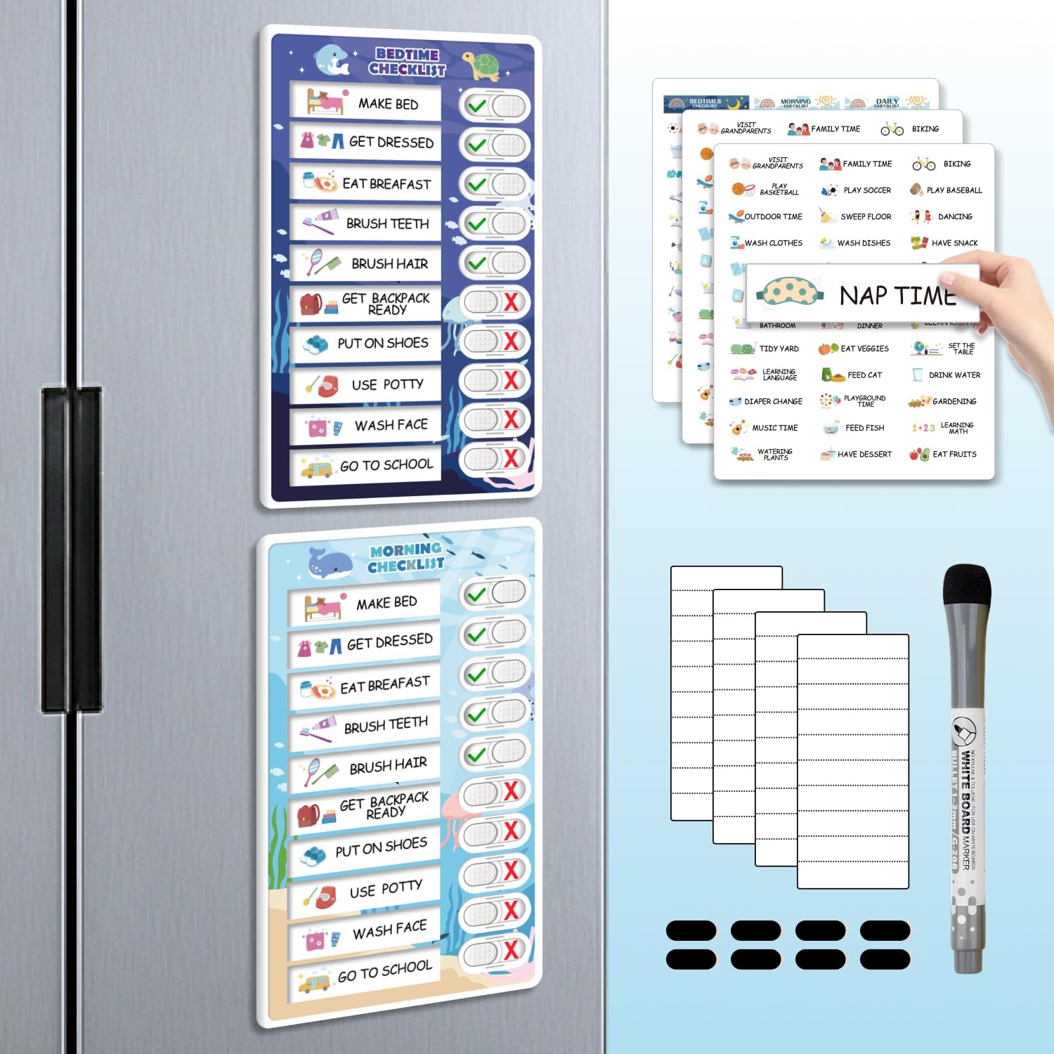 Amazon.com : Magnetic Dry Erase Chore Chart for 2 Kids - 2 in 1 Bedtime ...