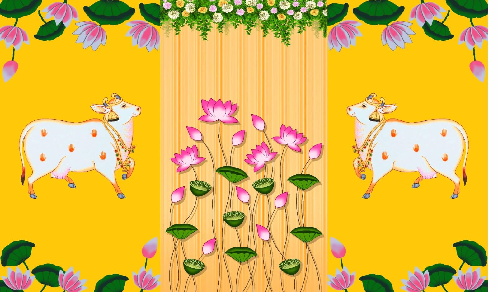 Backdropon Two Cows with Lotus Flower Design Backdrop Cloth for Pooja ...