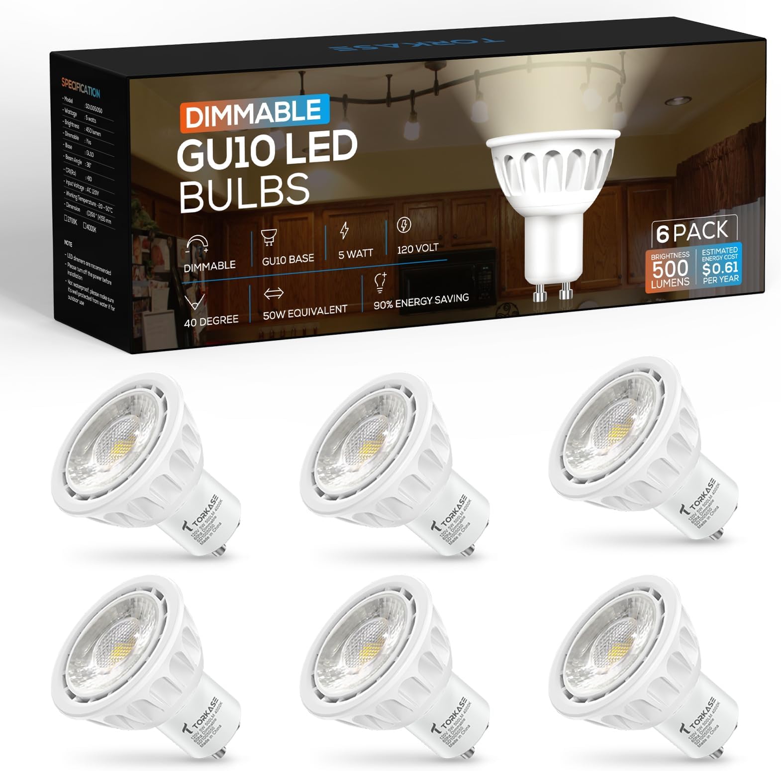 6-Pack GU10 LED Bulbs 6W Dimmable,4000K Cool White, 582LM,38° Beam ...